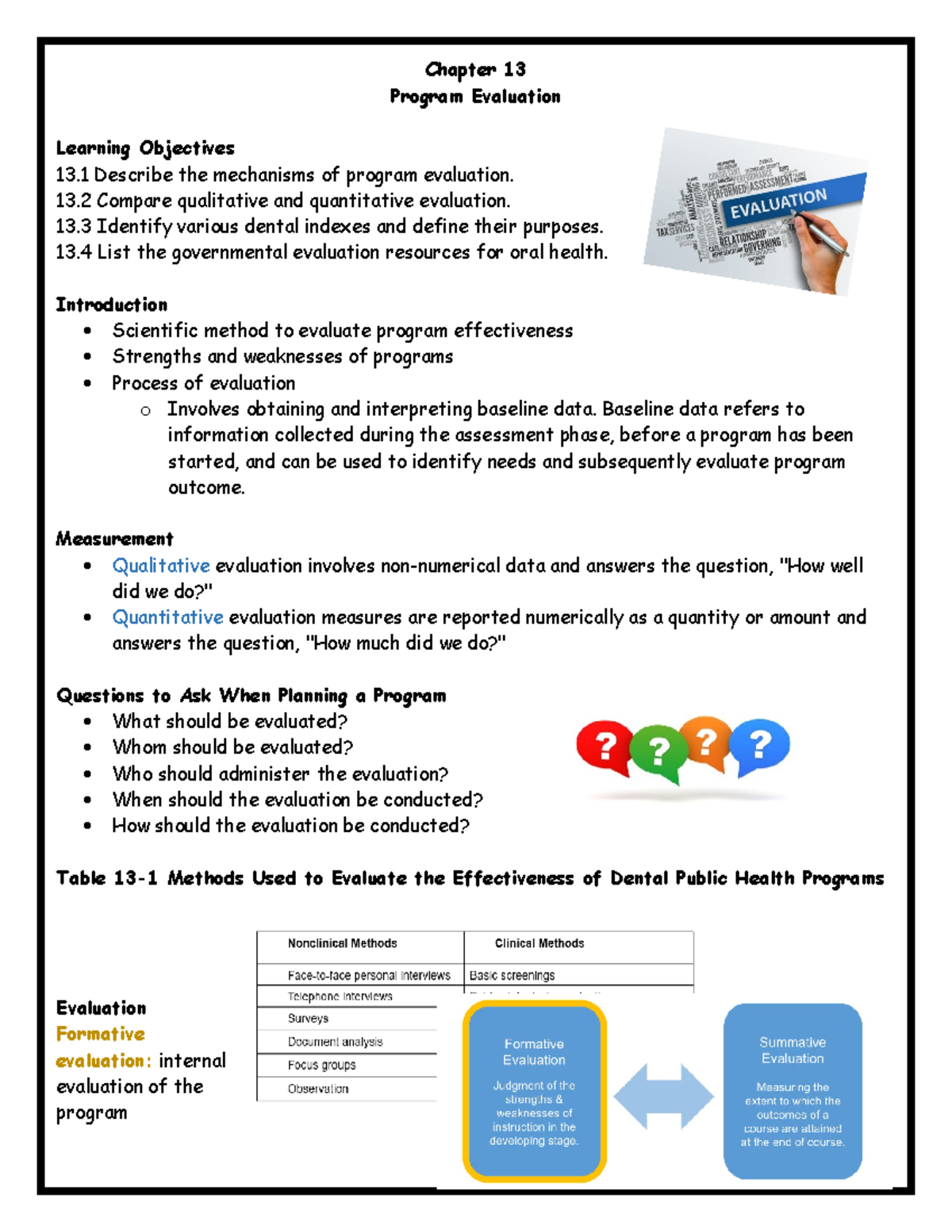 Chapter 13 summary - Dental hygiene - Chapter 13 Program Evaluation Learning Objectives 13 ...