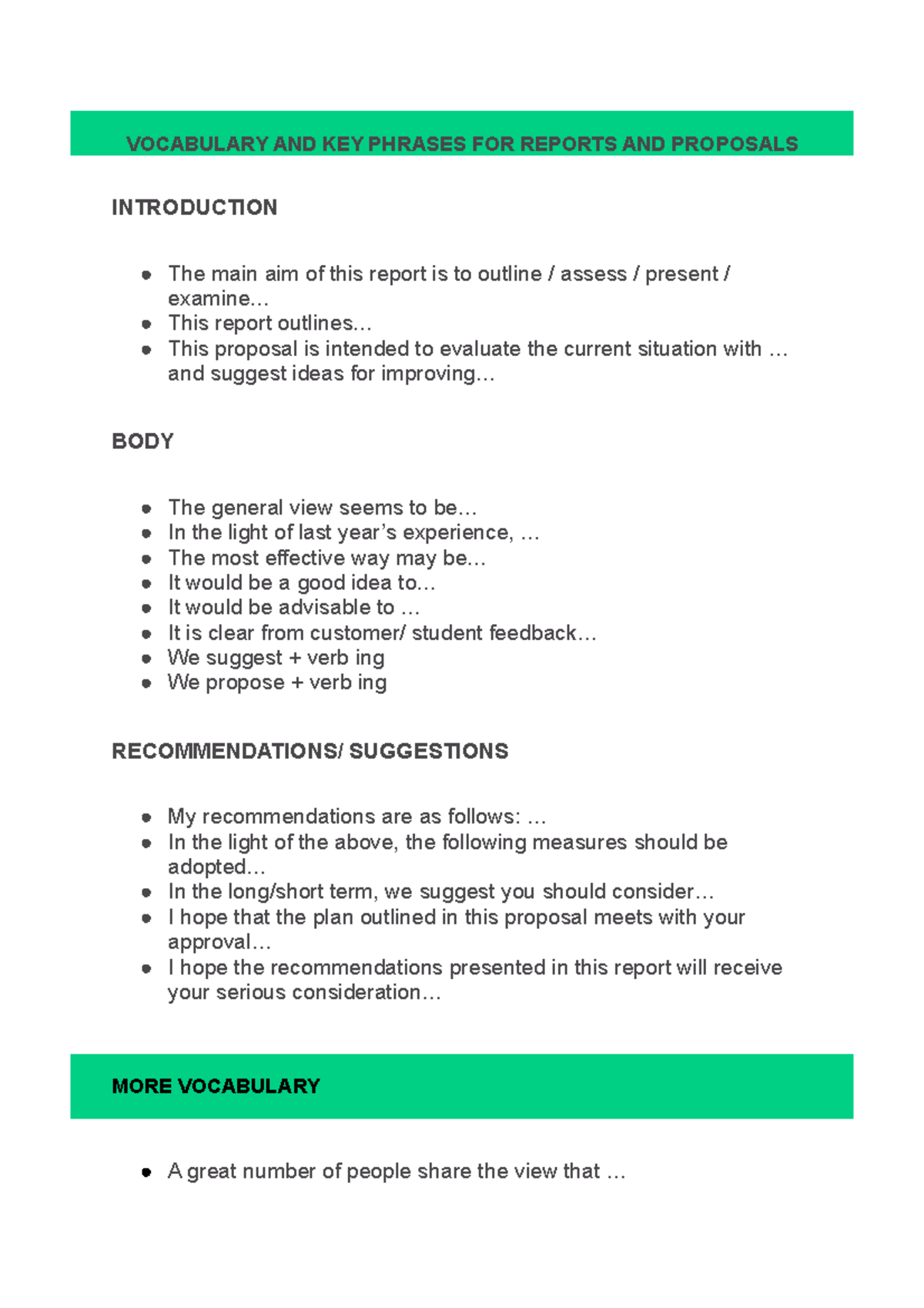 Vocabulary AND KEY Phrases FOR Reports AND Proposals - VOCABULARY AND ...
