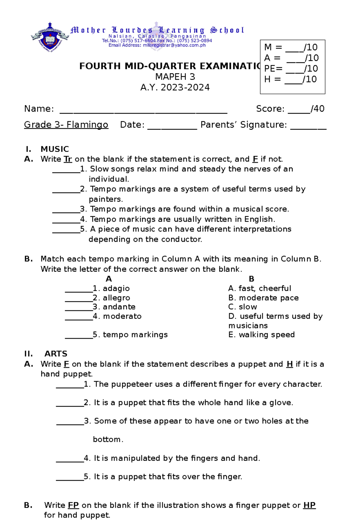 Fourth Mid Quarter Grade 3 Mapeh 23-24 - FOURTH MID-QUARTER EXAMINATION ...