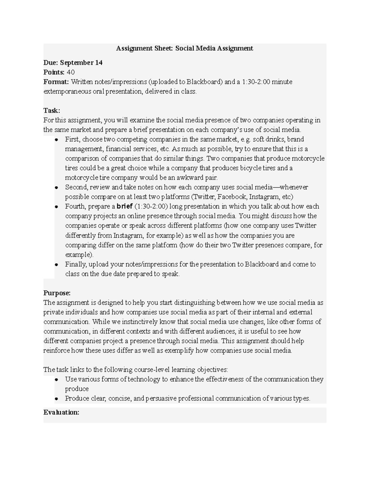 10K Report Assignment Instruction - Assignment Sheet: Social Media ...