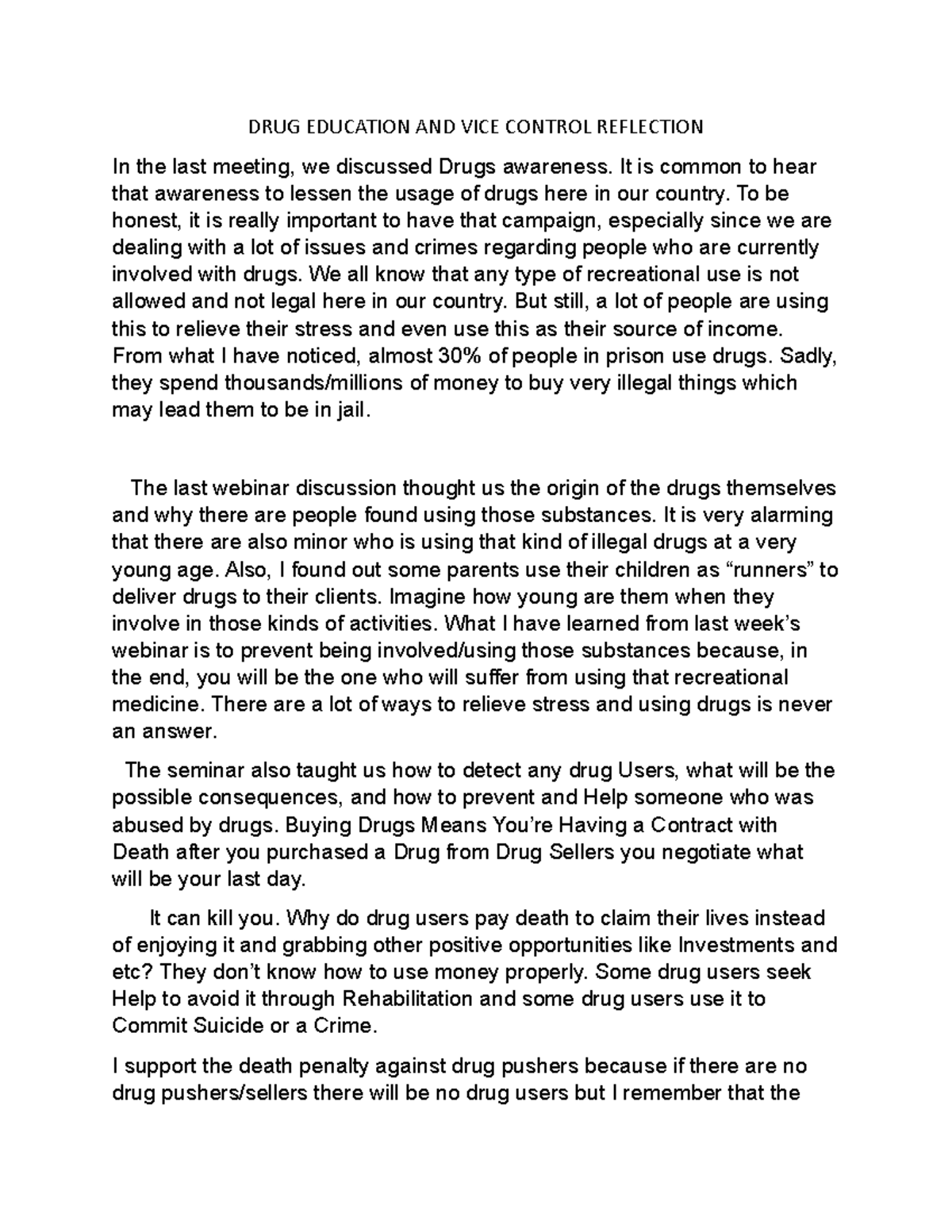 NSTP1 DRUG Education AND VICE Control Reflection - DRUG EDUCATION AND ...