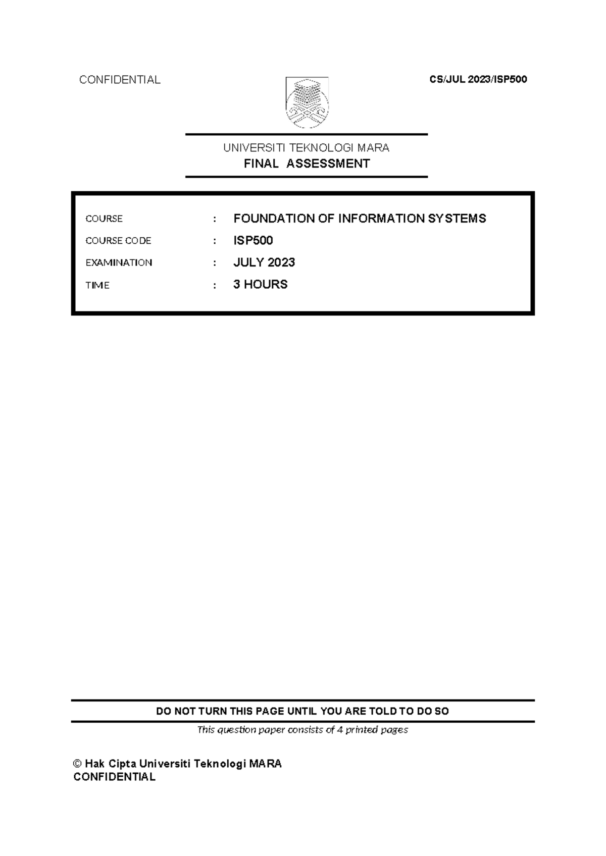 ISP500 JUL 2023 - past year exam question - UNIVERSITI TEKNOLOGI MARA FINAL EXAMINATION COURSE ...