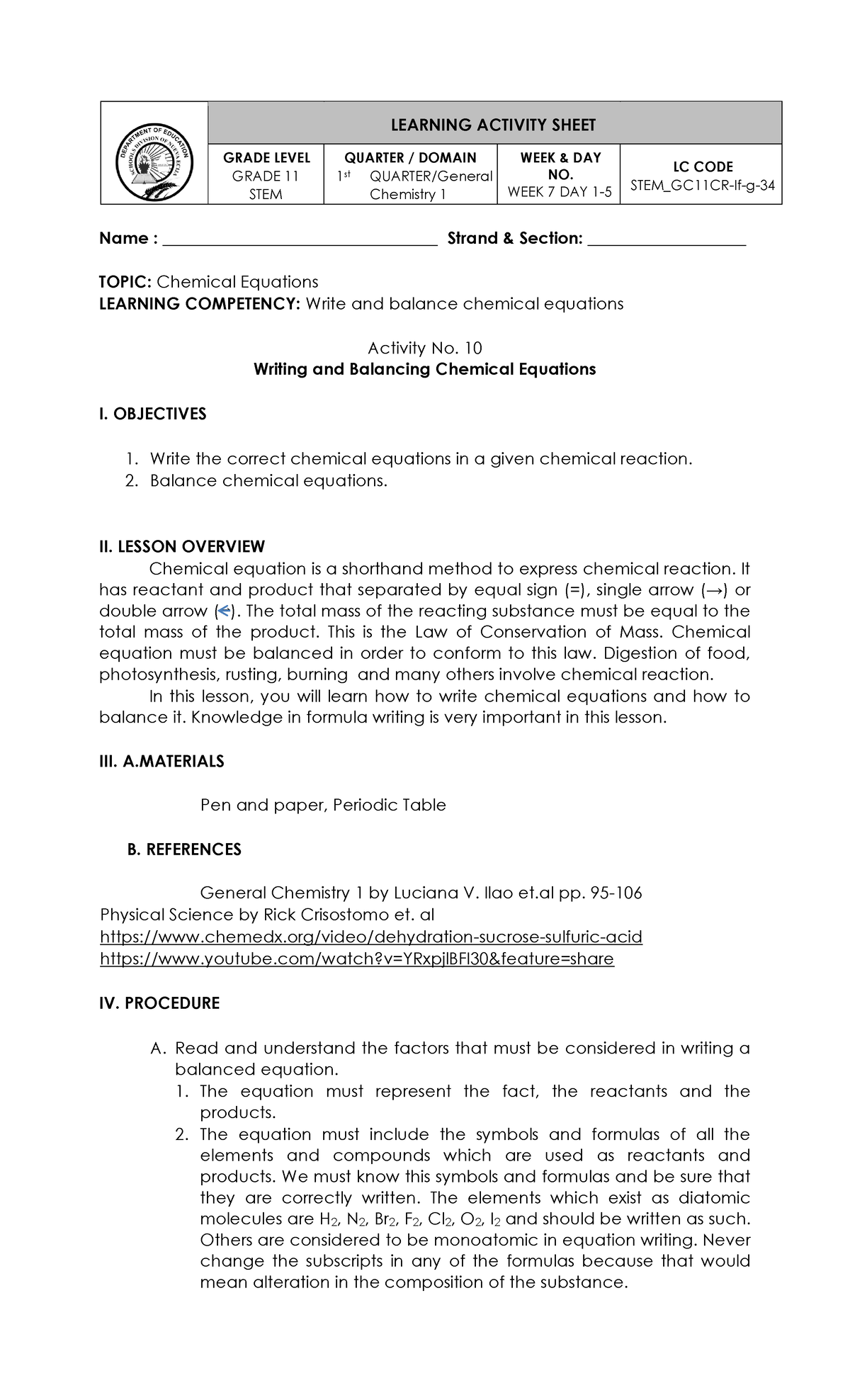 LAS-GenChem000000 - LEARNING ACTIVITY SHEET GRADE LEVEL GRADE 11 STEM ...