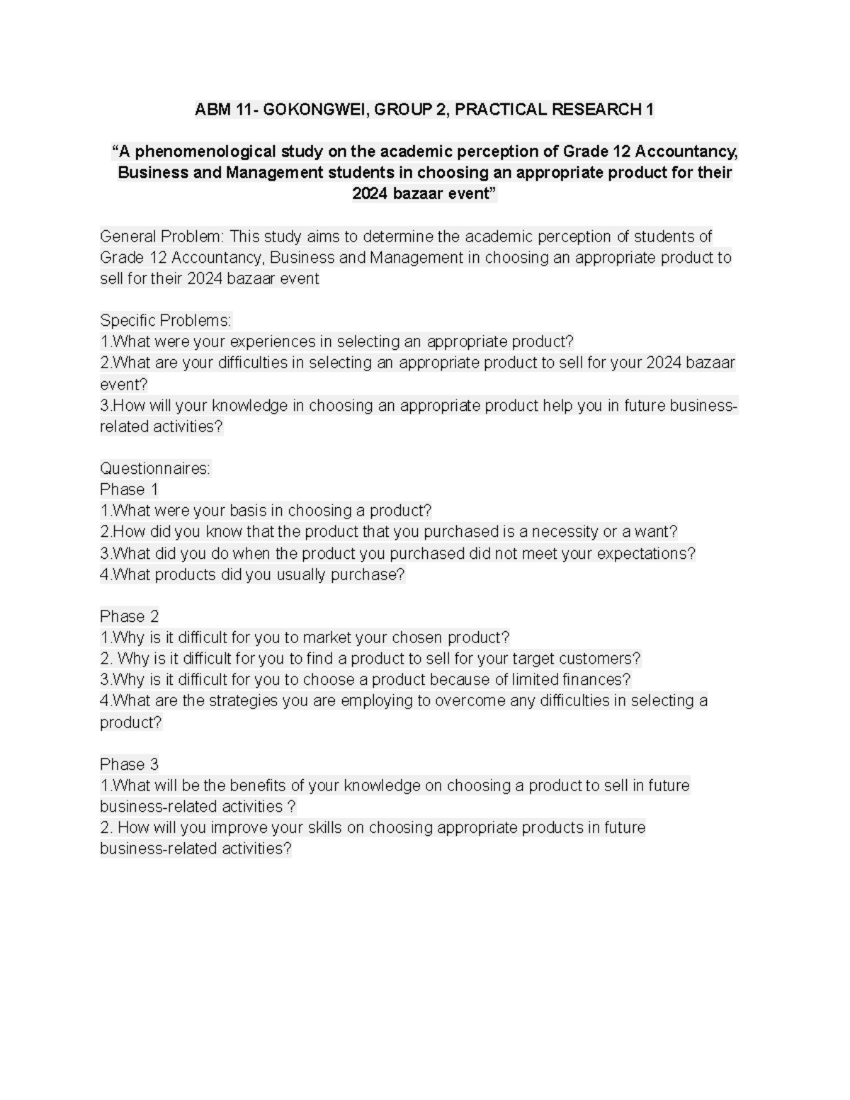 Practical Research 1 - Group 2 - ABM 11- GOKONGWEI, GROUP 2, PRACTICAL ...