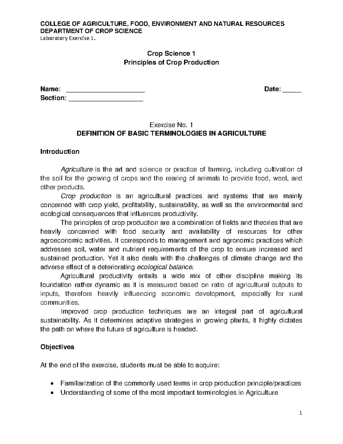 Lab Exercise 1 Activity Sheet - DEPARTMENT OF CROP SCIENCE Laboratory ...