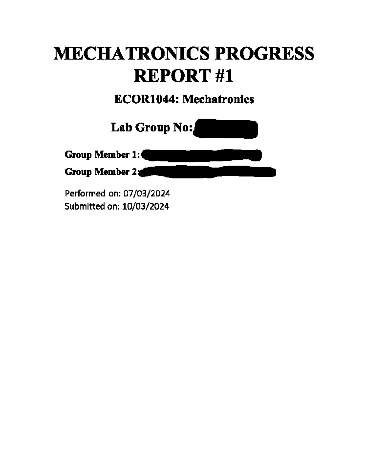 Mechatronics Lab 1 Report - MECHATRONICS PROGRESS REPORT ECOR1044 ...