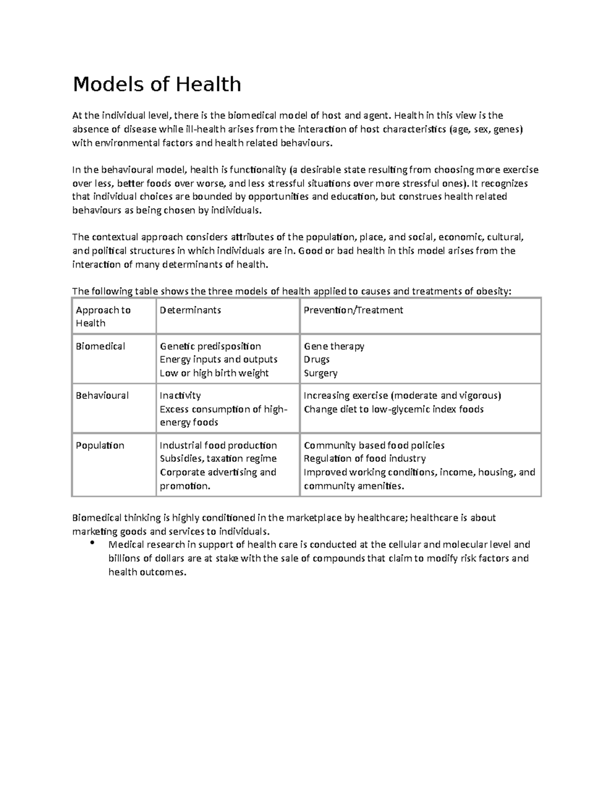 HLTH 101 Notes 5 - Models of Health At the individual level, there is ...