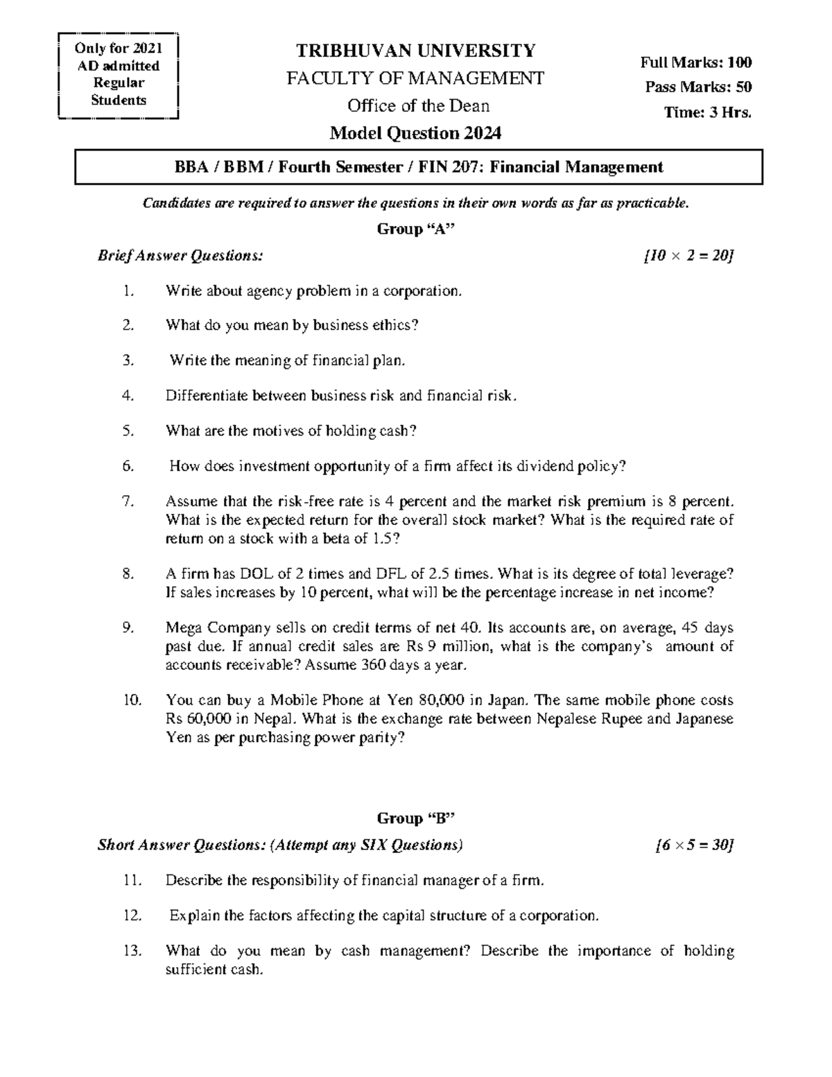 BBA BIM and BBM 4th Sem Model Question (1) - TRIBHUVAN UNIVERSITY ...