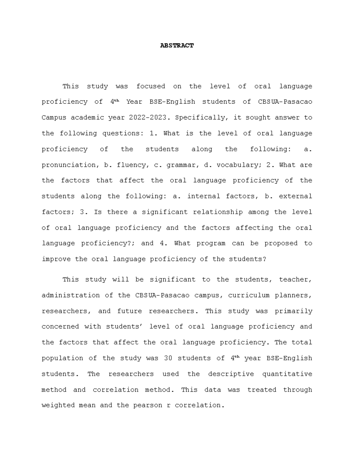 Research Abstract Level of Oral Language Proficiency - ABSTRACT This ...