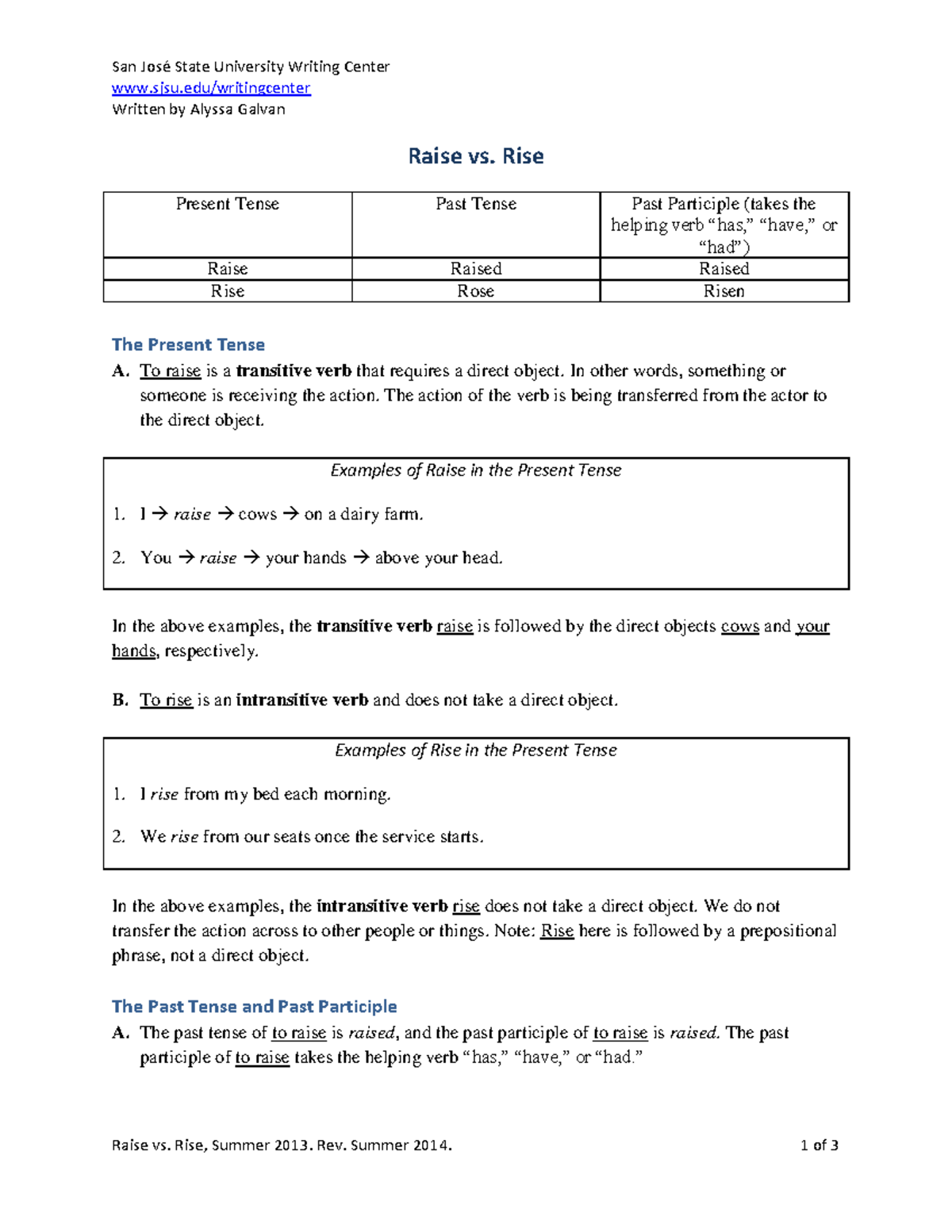 Raise vs. Rise - Notes - San José State University Writing Center sjsu ...