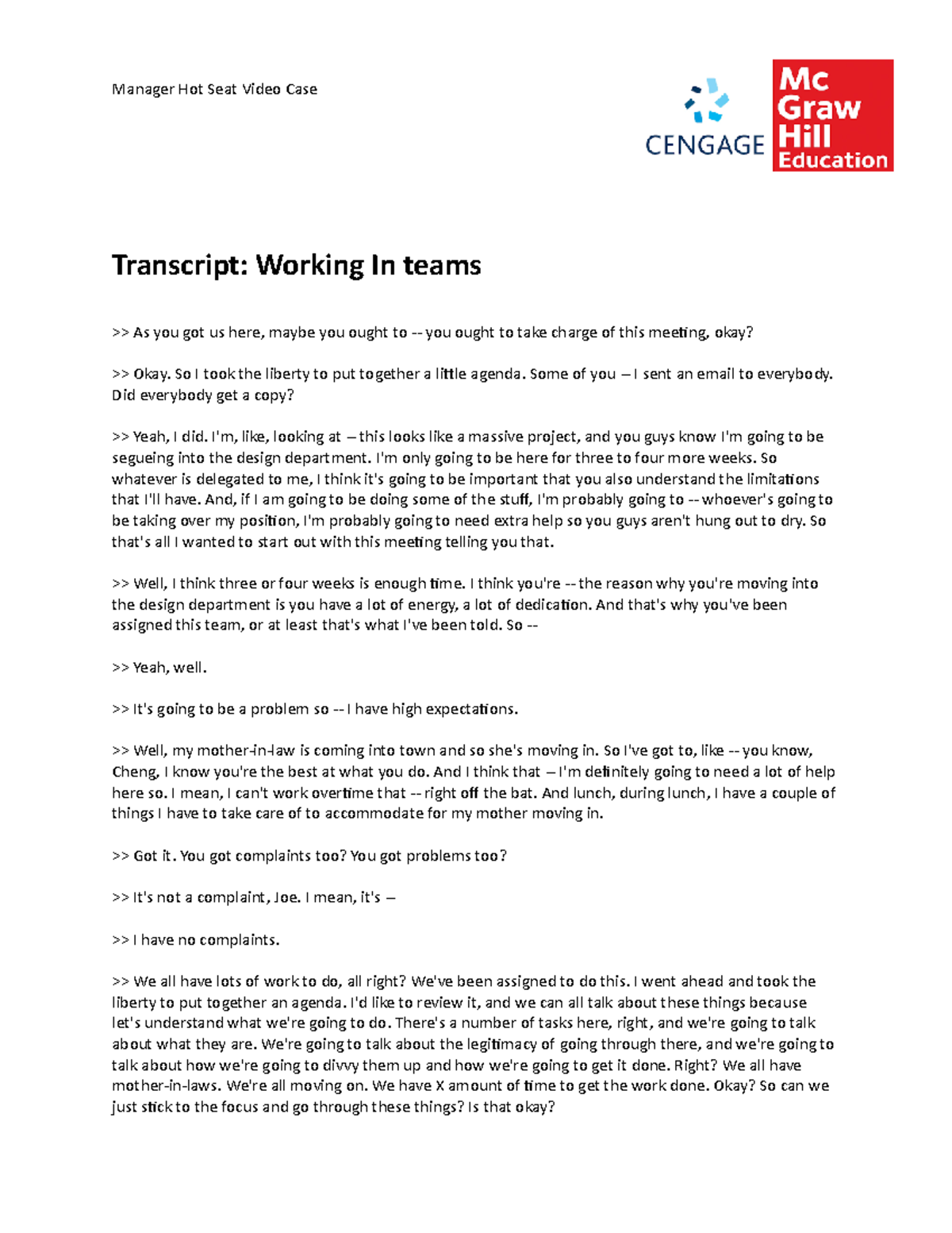 Transcript MHS Working In Teams - Transcript: Working In teams As you ...