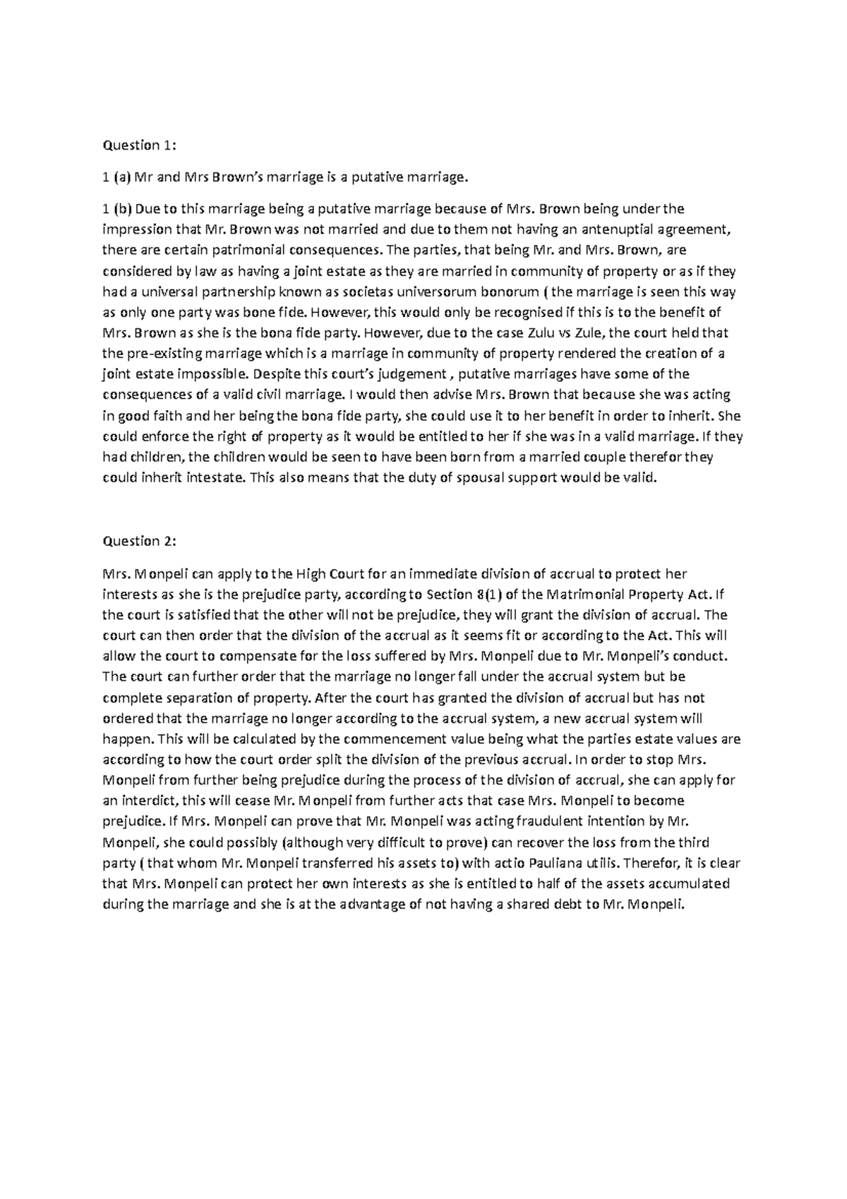 Assignment 578271 - Question 1: 1 (a) Mr and Mrs Brown’s marriage is a ...