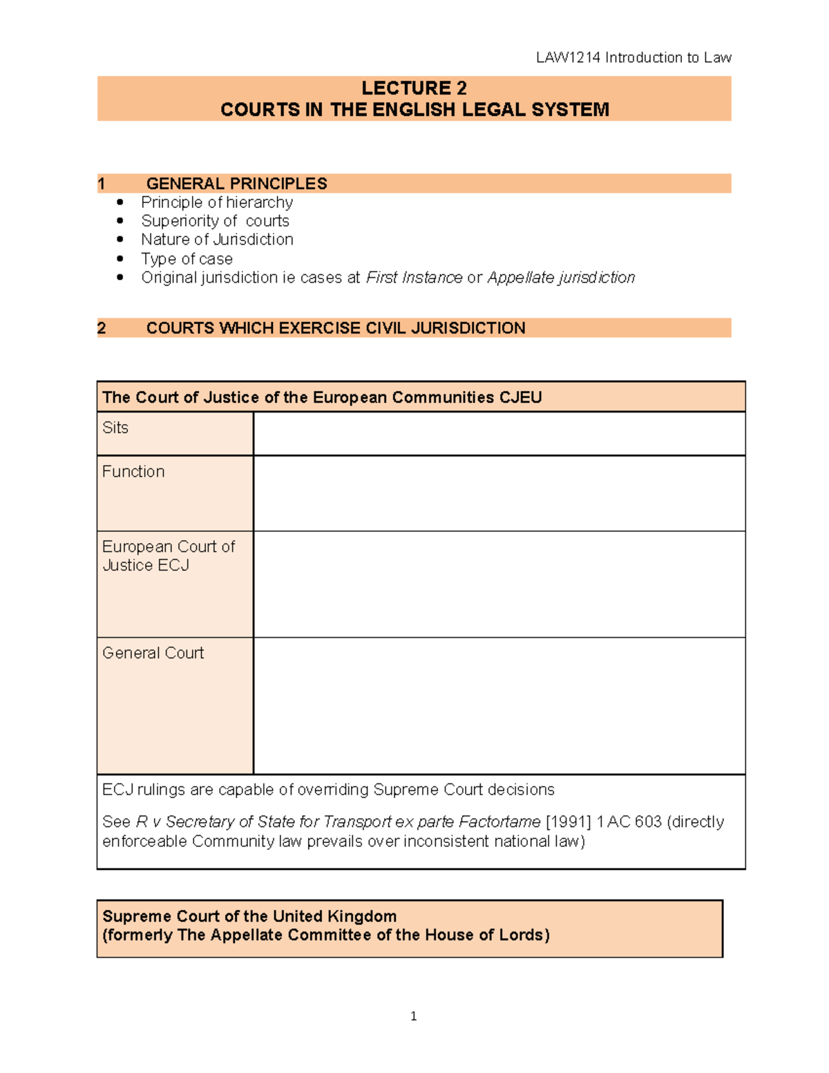 The Court Structure - LECTURE 2 COURTS IN THE ENGLISH LEGAL SYSTEM 1 ...