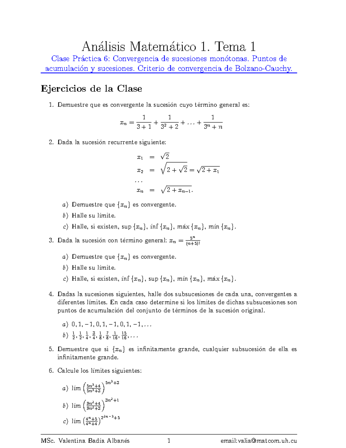 Clase Practica 6 - An ́alisis Matem ́atico 1. Tema 1 Clase Pr ́actica 6: Convergencia de ...