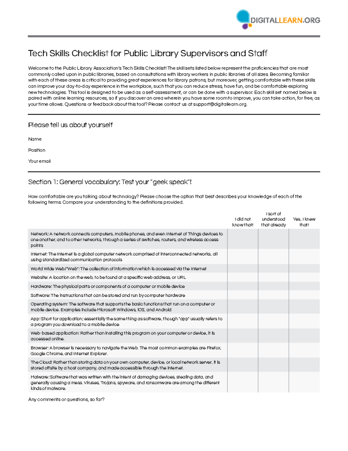 Tech skills checklist survey only - Tech Skills Checklist for Public ...