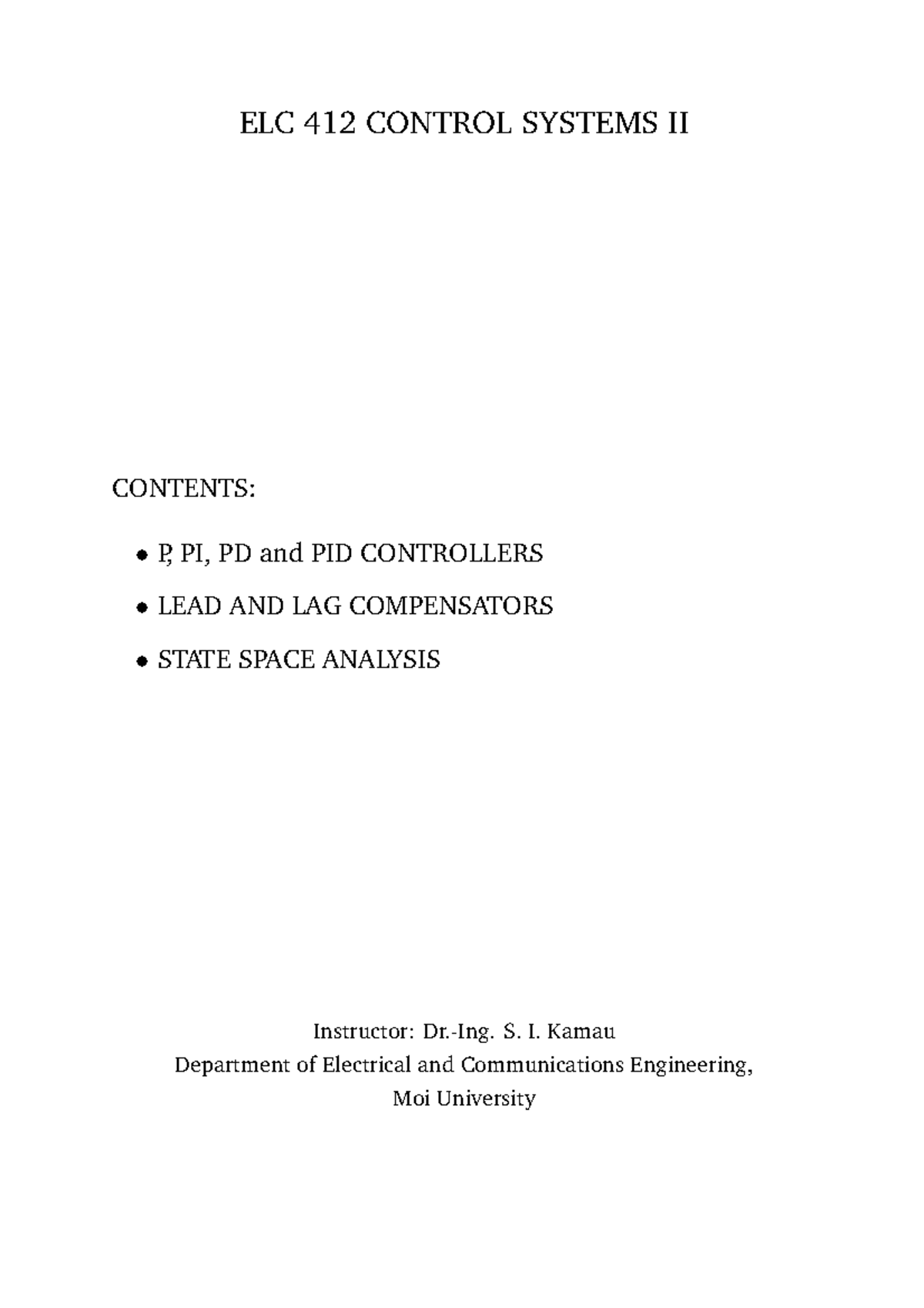 ELC412 Control Systems Lecture notes - ELC 412 CONTROL SYSTEMS II ...