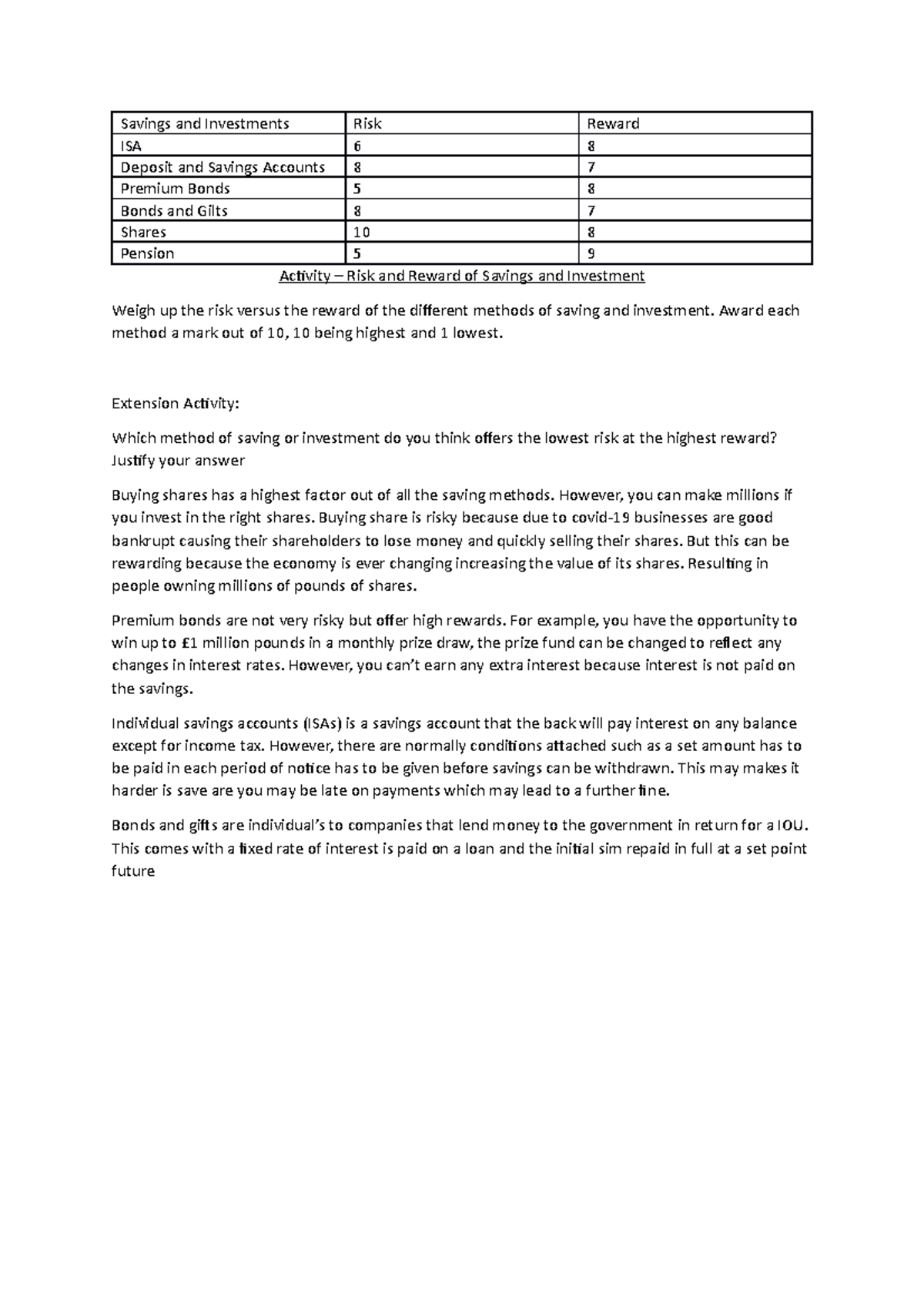 Activity - Risk and Reward of Savings and Investment - Savings and ...