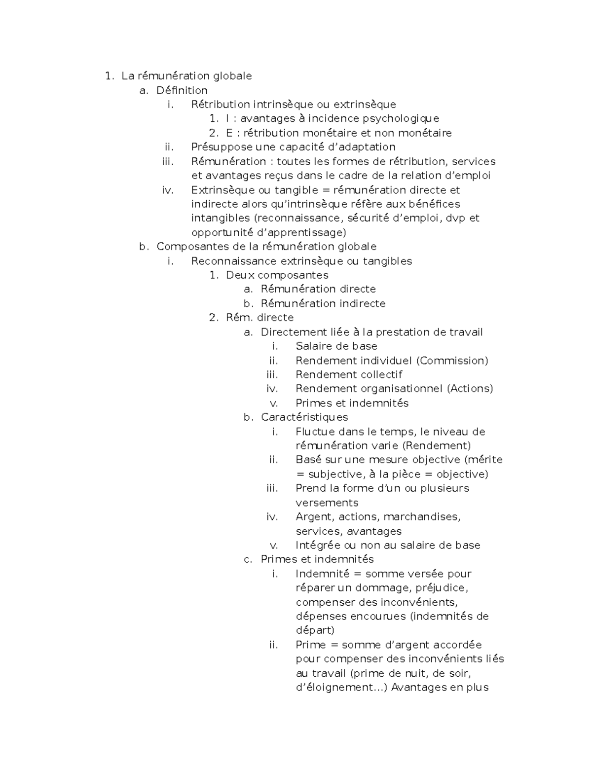 Notes de cours RLT3208 - La rémunération globale a. Définition i ...