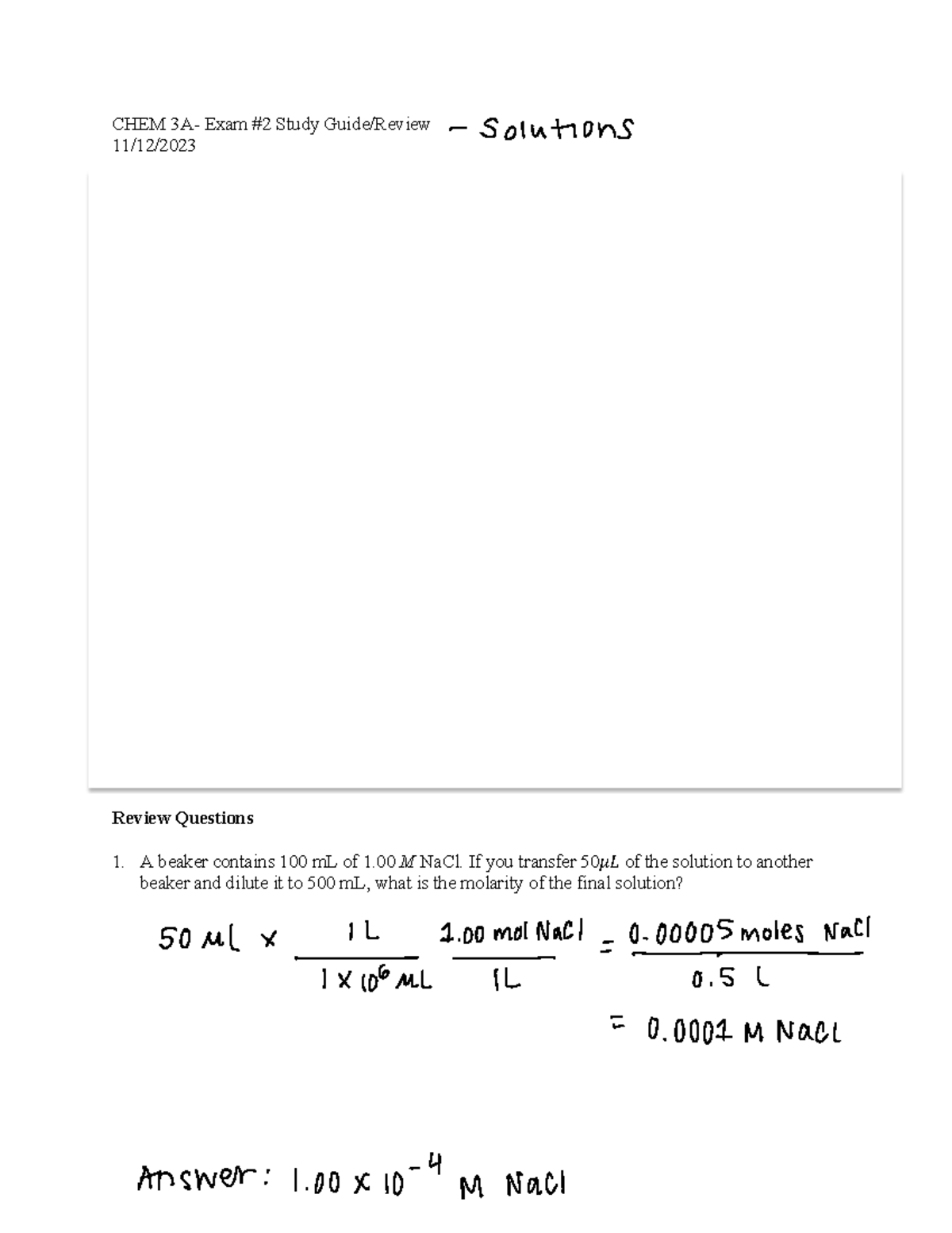 Solutions-Chem 3A Exam 2 Review Study Guide -F24-1 - CHEM 3A- Exam #2 ...