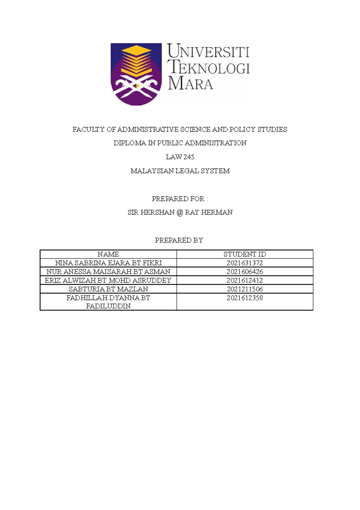 LAW Assignment JAN - FACULTY OF ADMINISTRATIVE SCIENCE AND POLICY ...