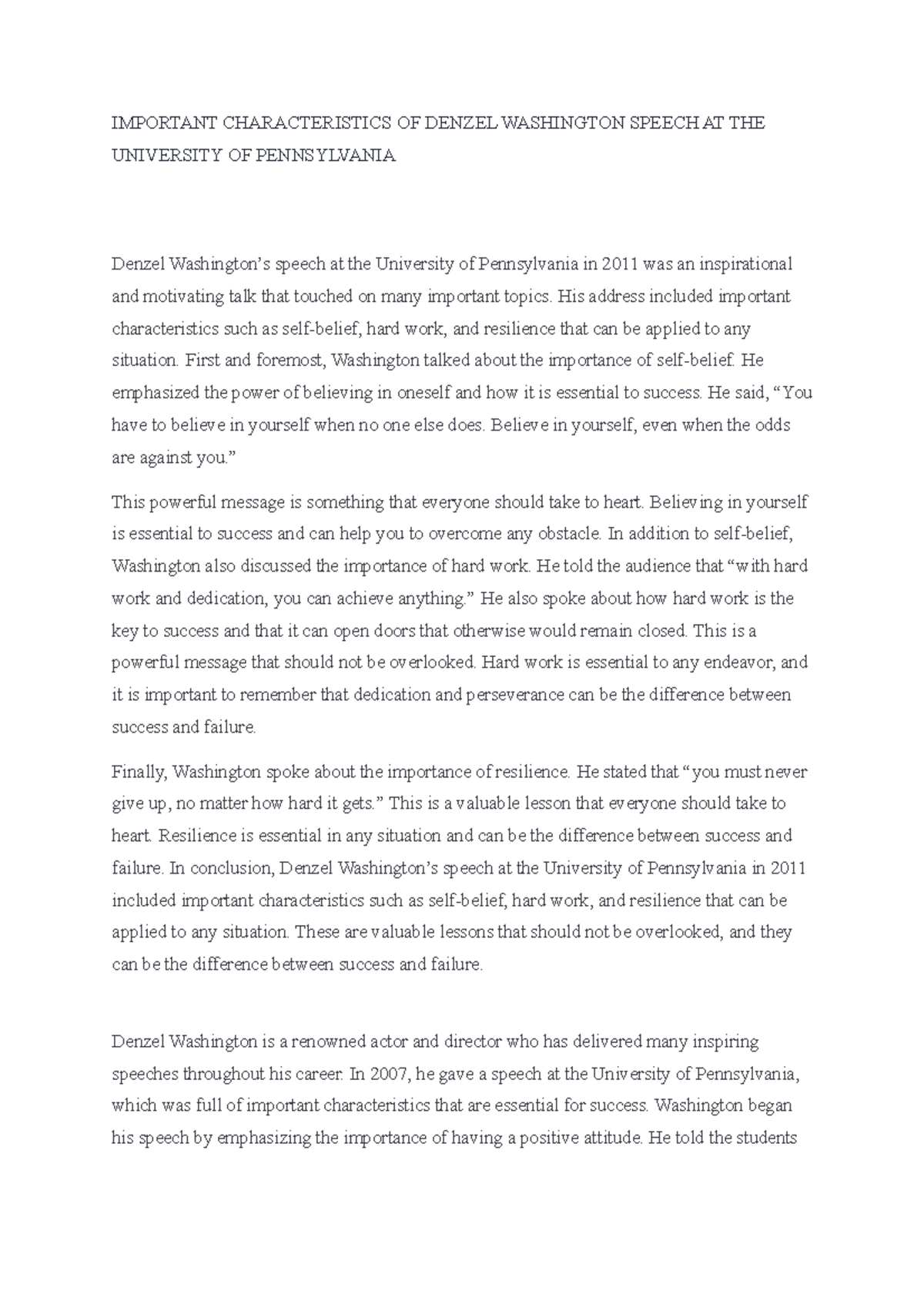 Important Characteristics OF Denzel Washington Speech AT THE University ...