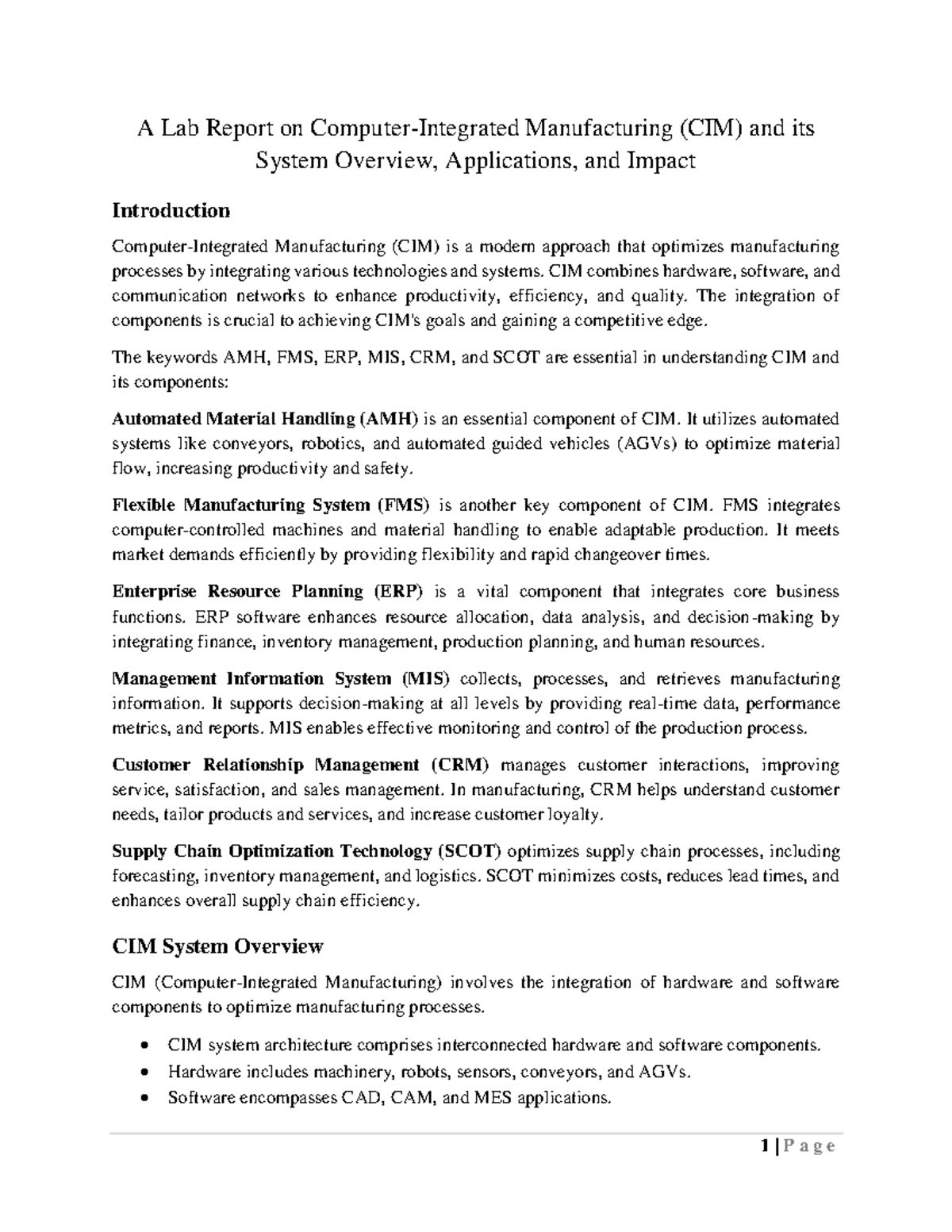 A Lab Report on Computer-Integrated Manufacturing (CIM) and its System Overview, Applications ...
