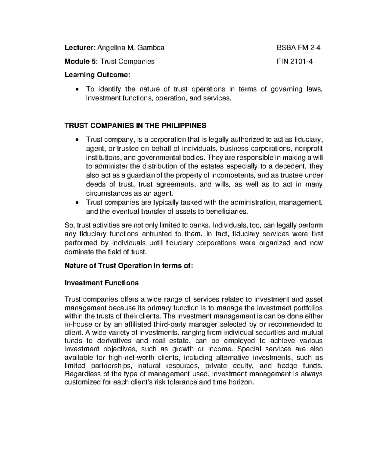 Module 5.5 Trust Companies- Gamboa - Lecturer : Angelina M. Gamboa BSBA ...