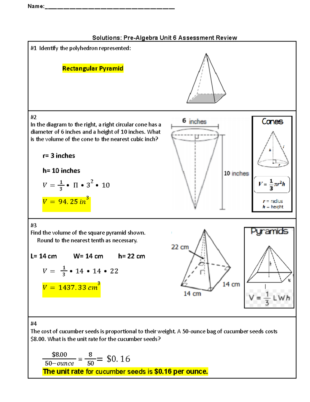 Solutions: Pre-Algebra Unit 6 Assessment Review - What is the volume of ...