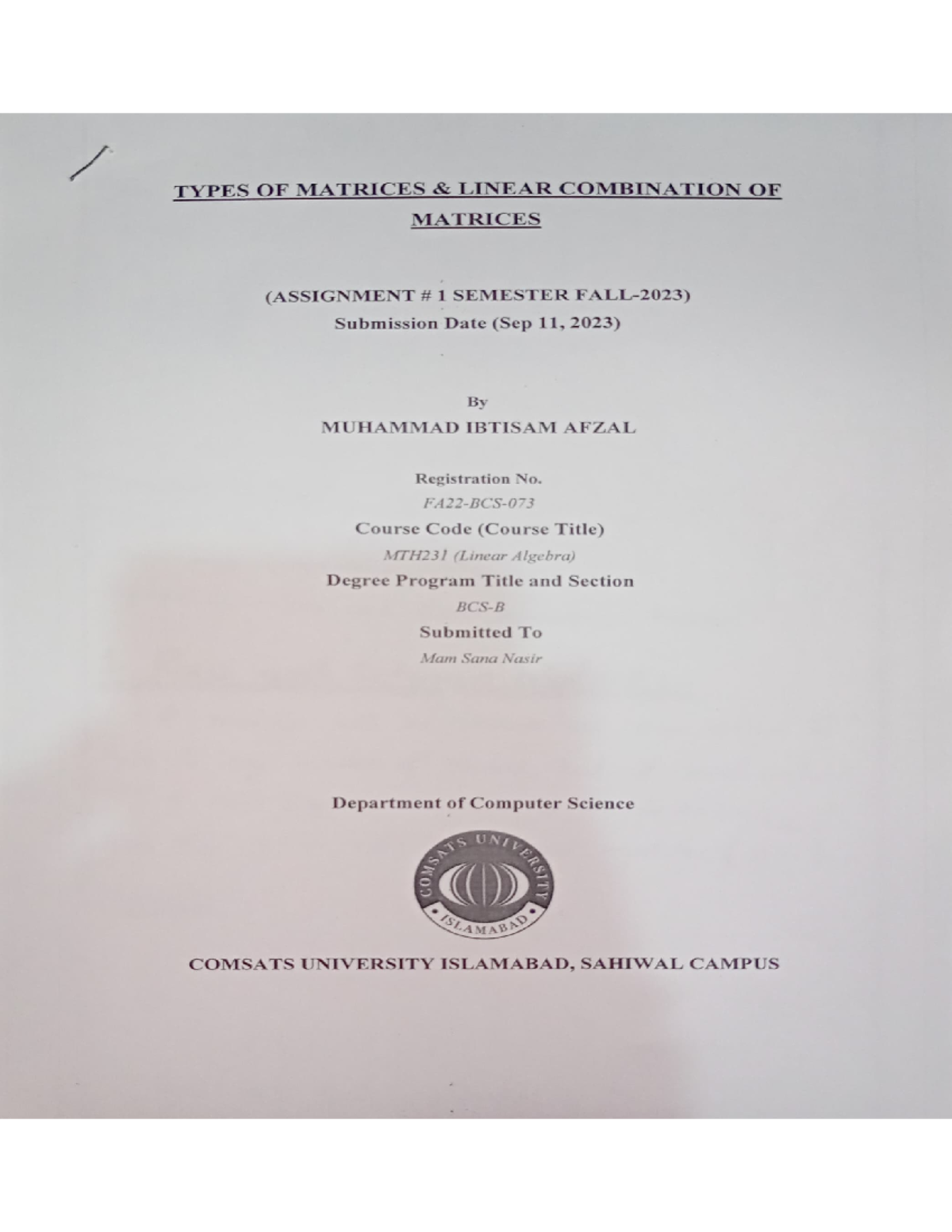 Assignment-1: Types of Matrices and Linear Combination of Matrices ...