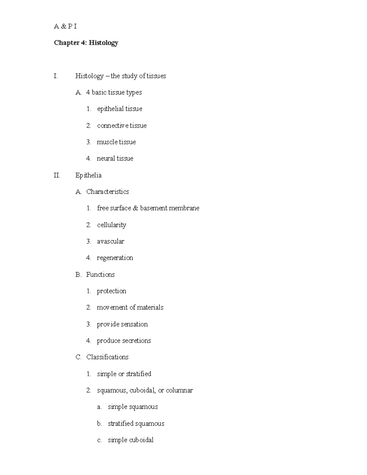 2.Histology Outline - Summary Anatomy and Physiology I - A & P I ...