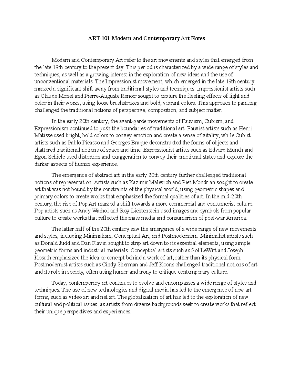ART-101 Modern and Contemporary Art Notes - This period is ...