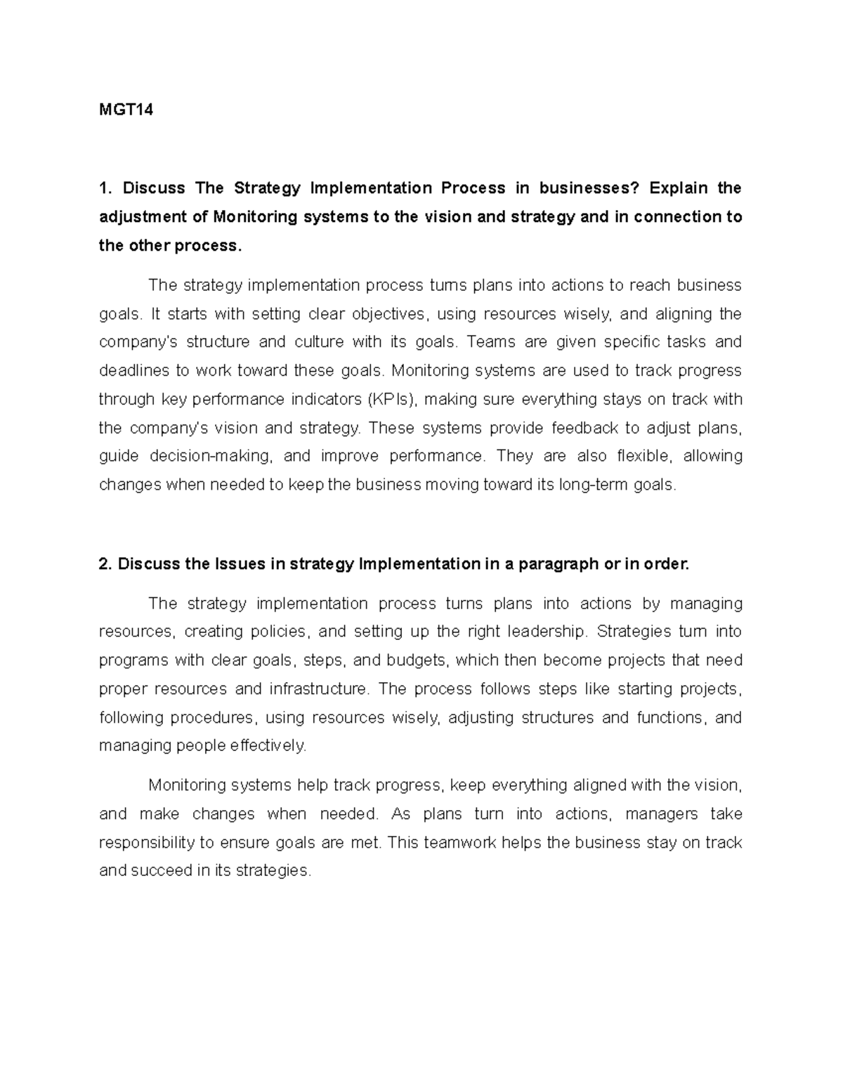 MGT14-Stratregy Implementation - MGT Discuss The Strategy Implementation Process in businesses ...