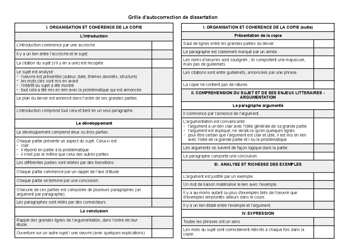 Grille d’autocorrection de dissertation - ORGANISATION ET COHERENCE DE LA COPIE (suite ...