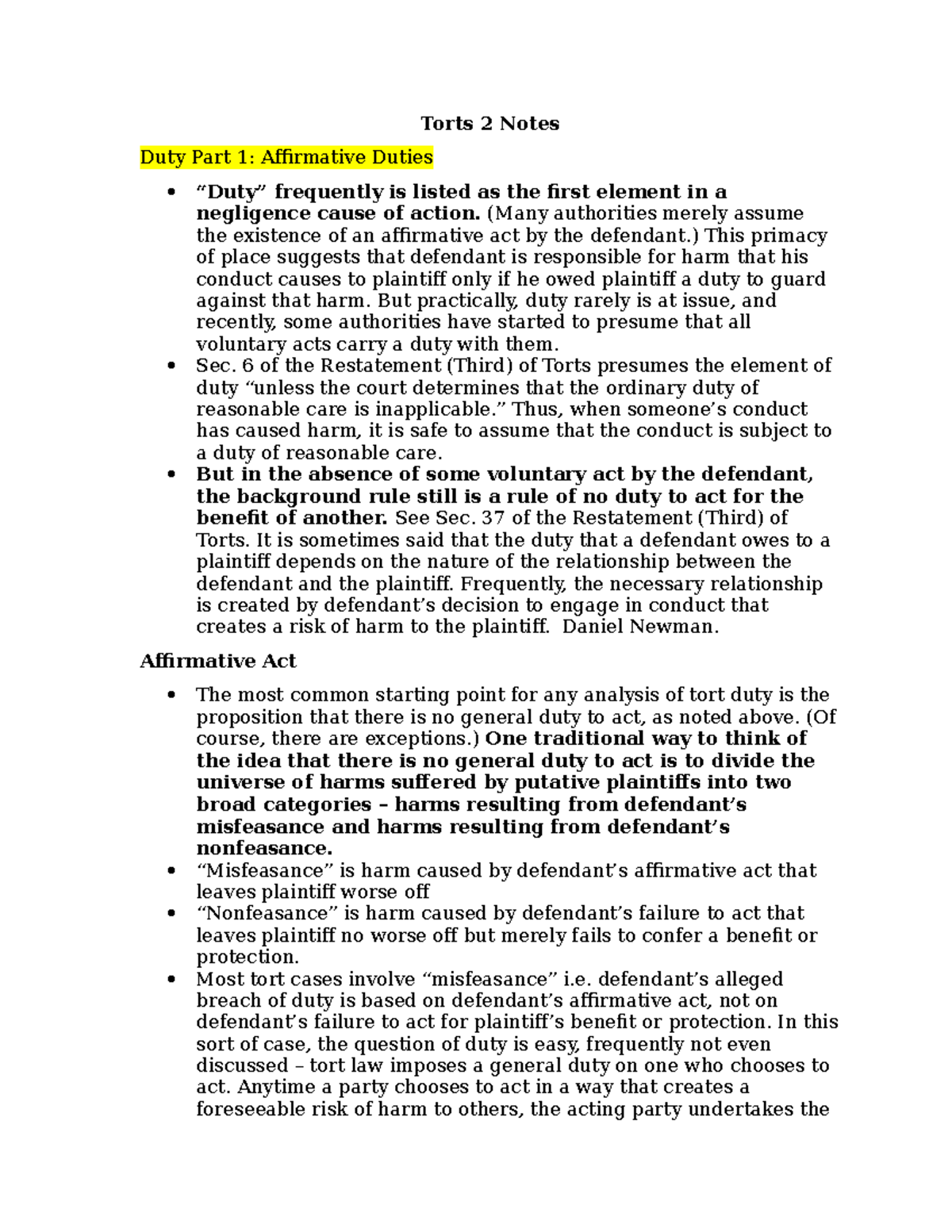 Torts II Notes on Cases - Torts 2 Notes Duty Part 1: Affirmative Duties ...
