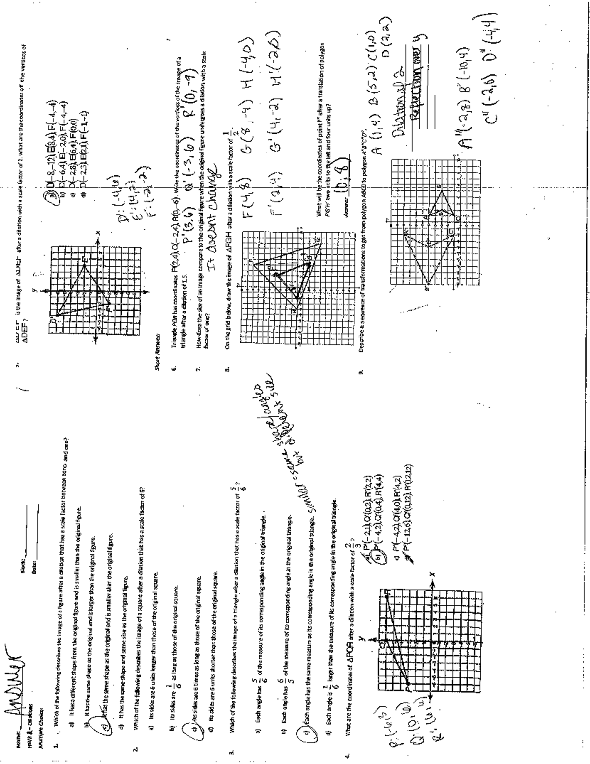 8th grade math homework - Name: Answer over is the image of ADEH after ...