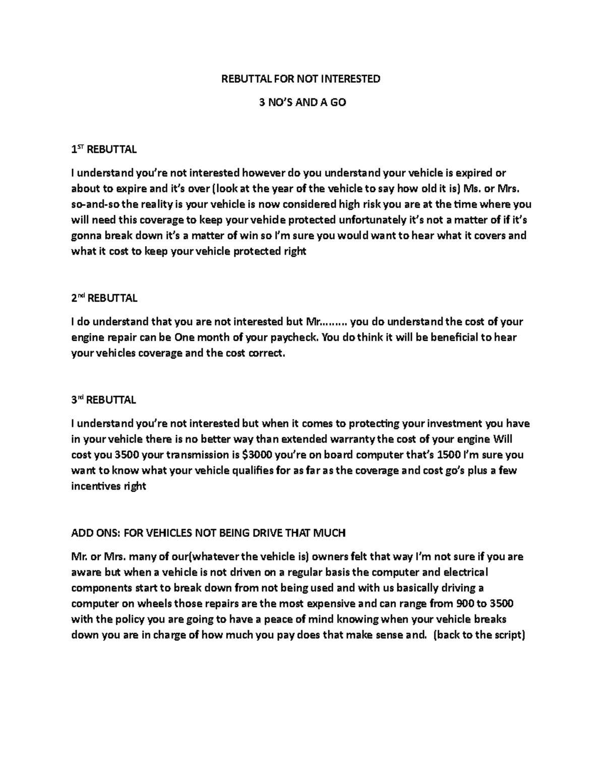 NI Rebuttals - 3 NO AND A GO - REBUTTAL FOR NOT INTERESTED 3 NO’S AND A ...