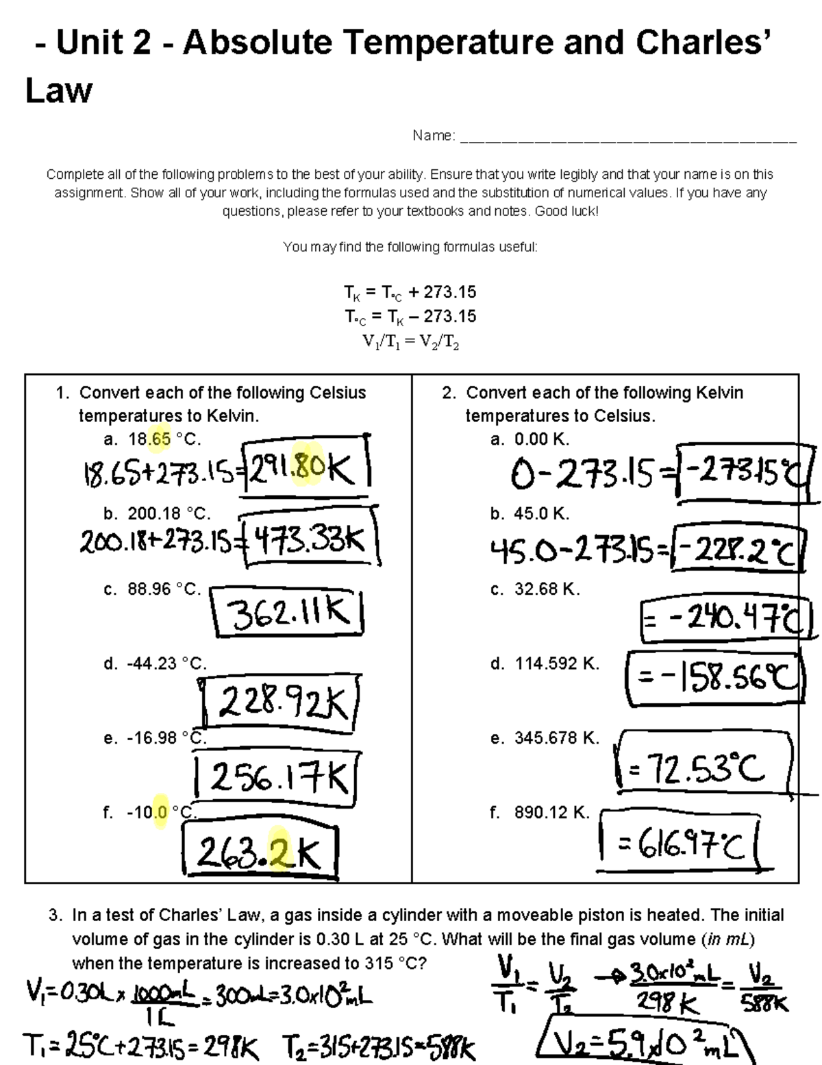 Charles Law and Absolute Temperature Answers - Unit 2 - Absolute ...