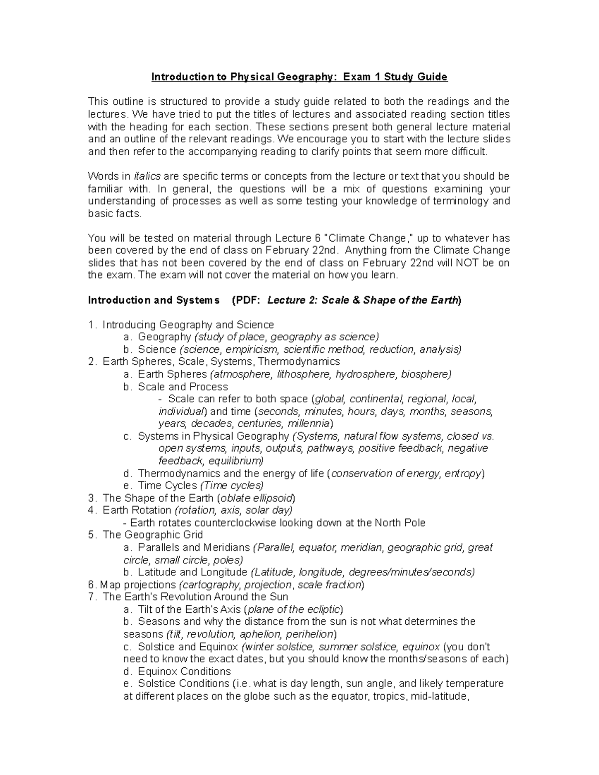 Exam 1 Study Guide 2017 - Introduction to Physical Geography: Exam 1 ...