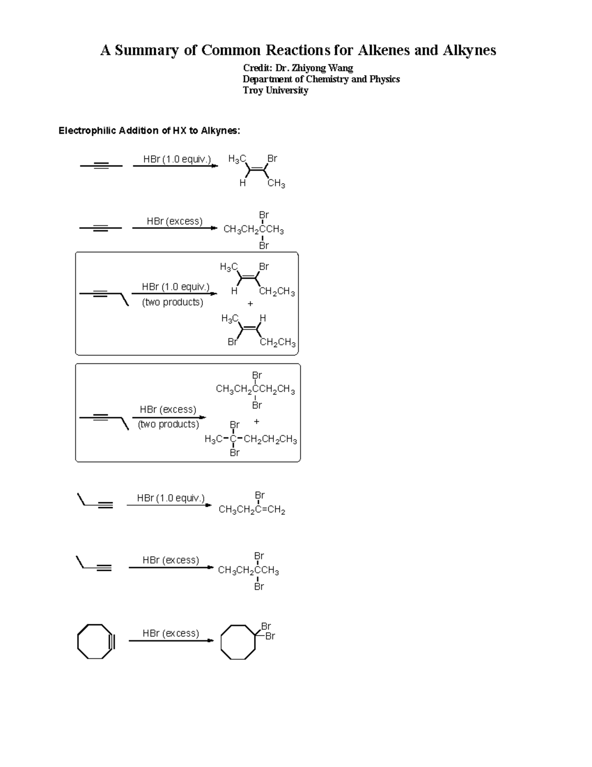 Summary of Reactions for Alkynes Keys - Electrophilic Addition of HX to ...