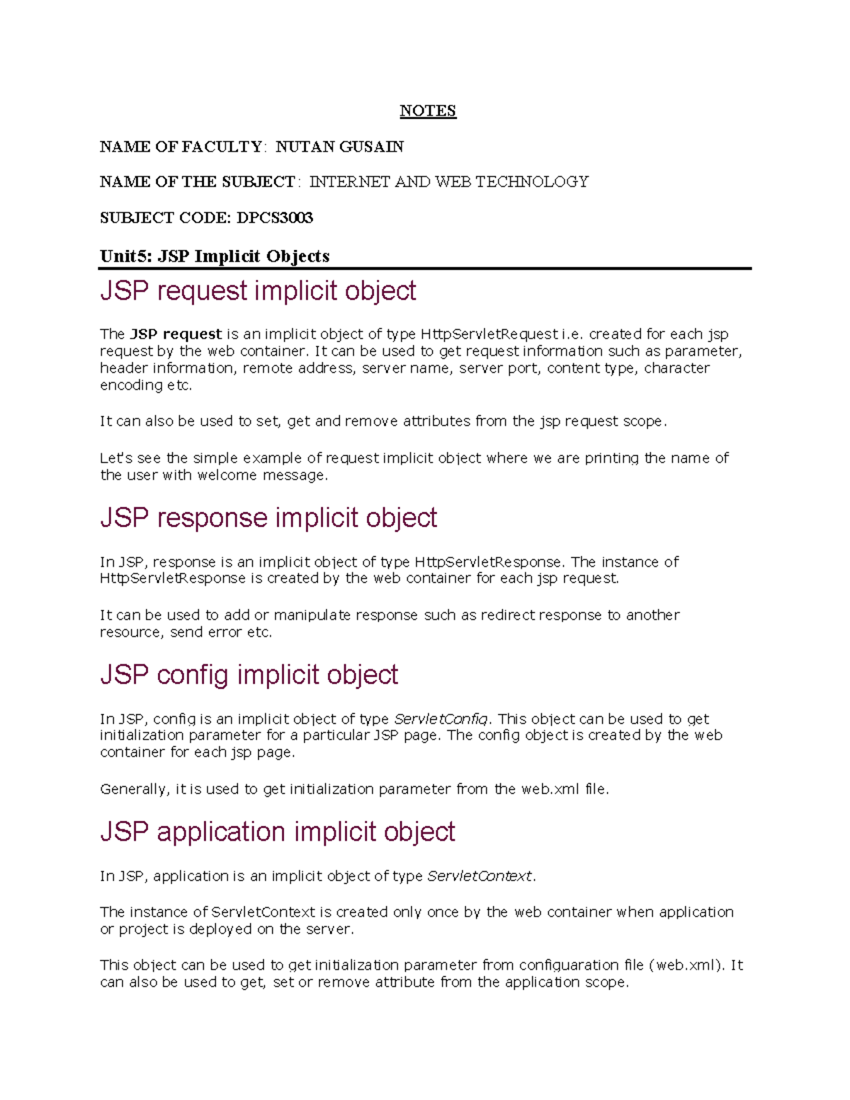 5.4 JSP Implicit Objects - NOTES NAME OF FACULTY: NUTAN GUSAIN NAME OF ...