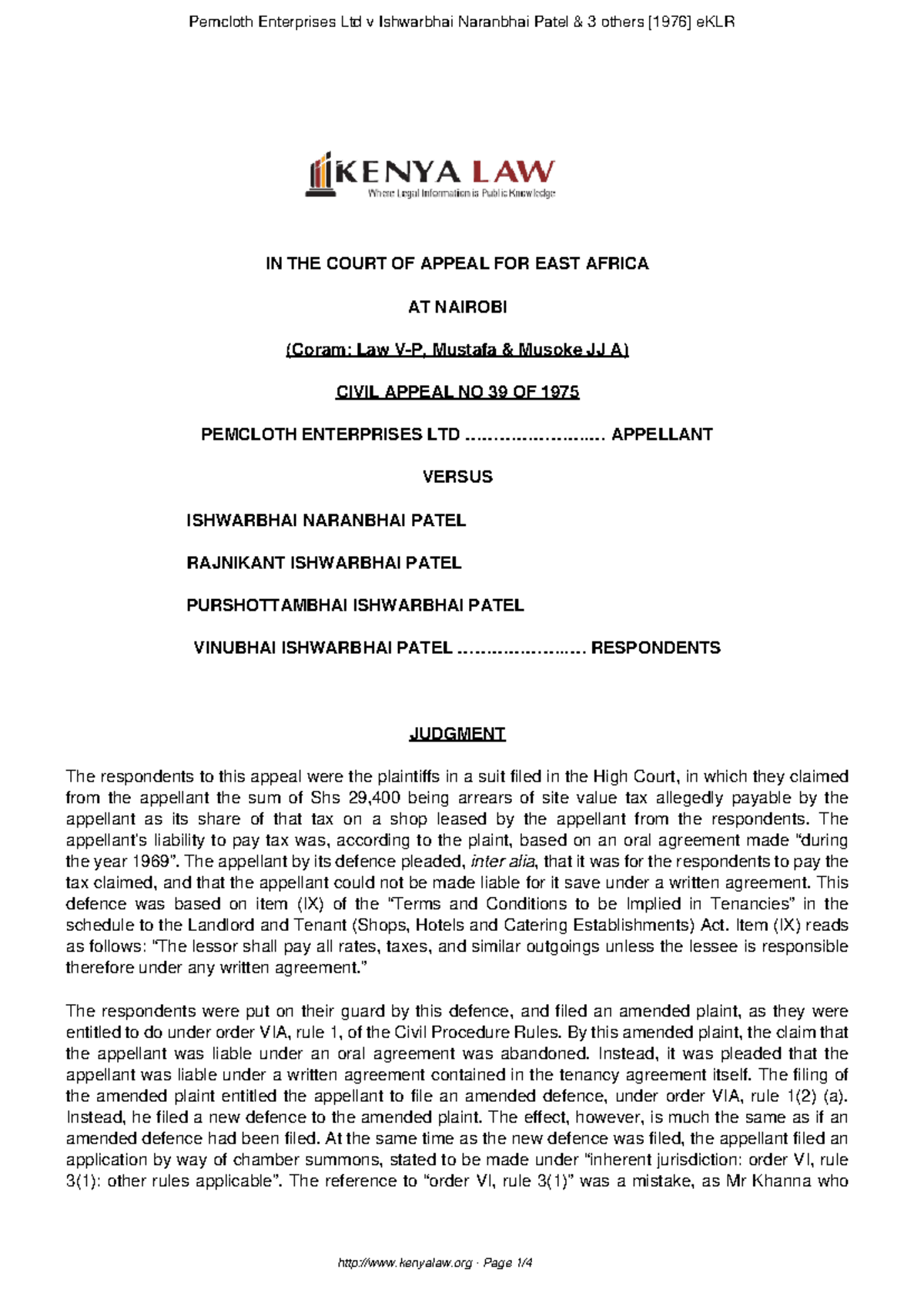 Civil Appeal 39 of 1975 - LAGAL - IN THE COURT OF APPEAL FOR EAST ...