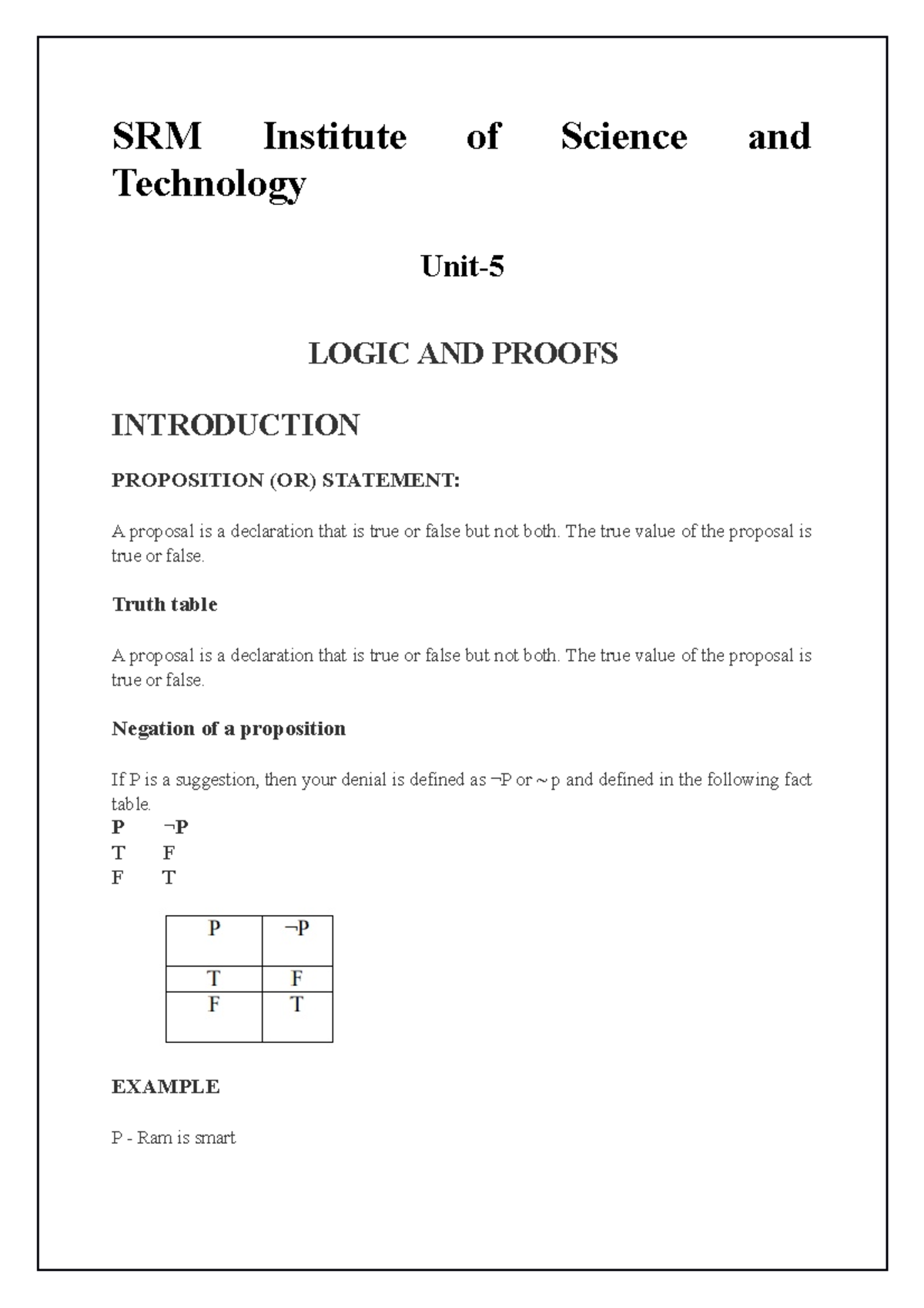 Logic AND Proofs - SRM Institute of Science and Technology Unit- LOGIC ...