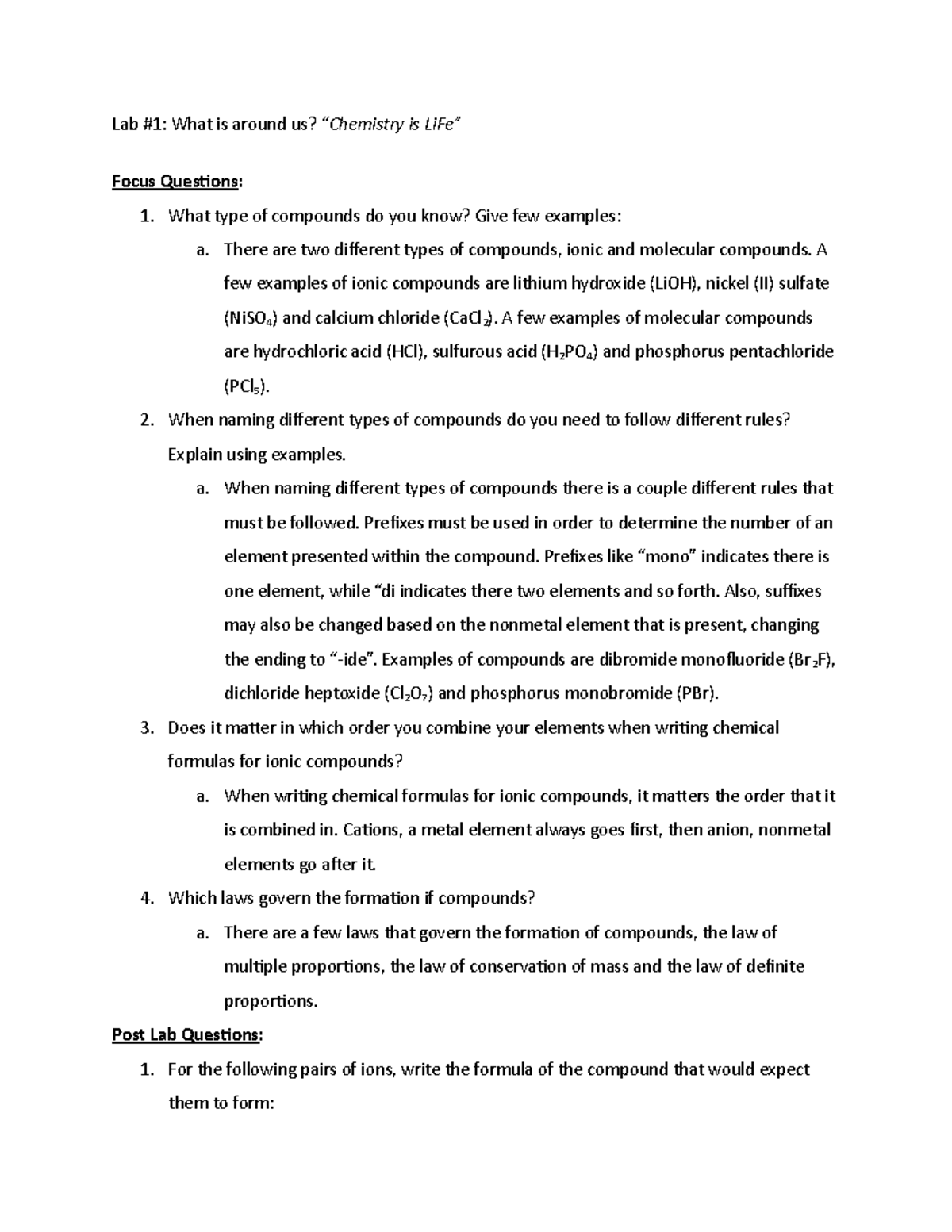 CHEM 106 00 Lab #1 - Lab #1 What is around us? "Chemistry is LiFe ...