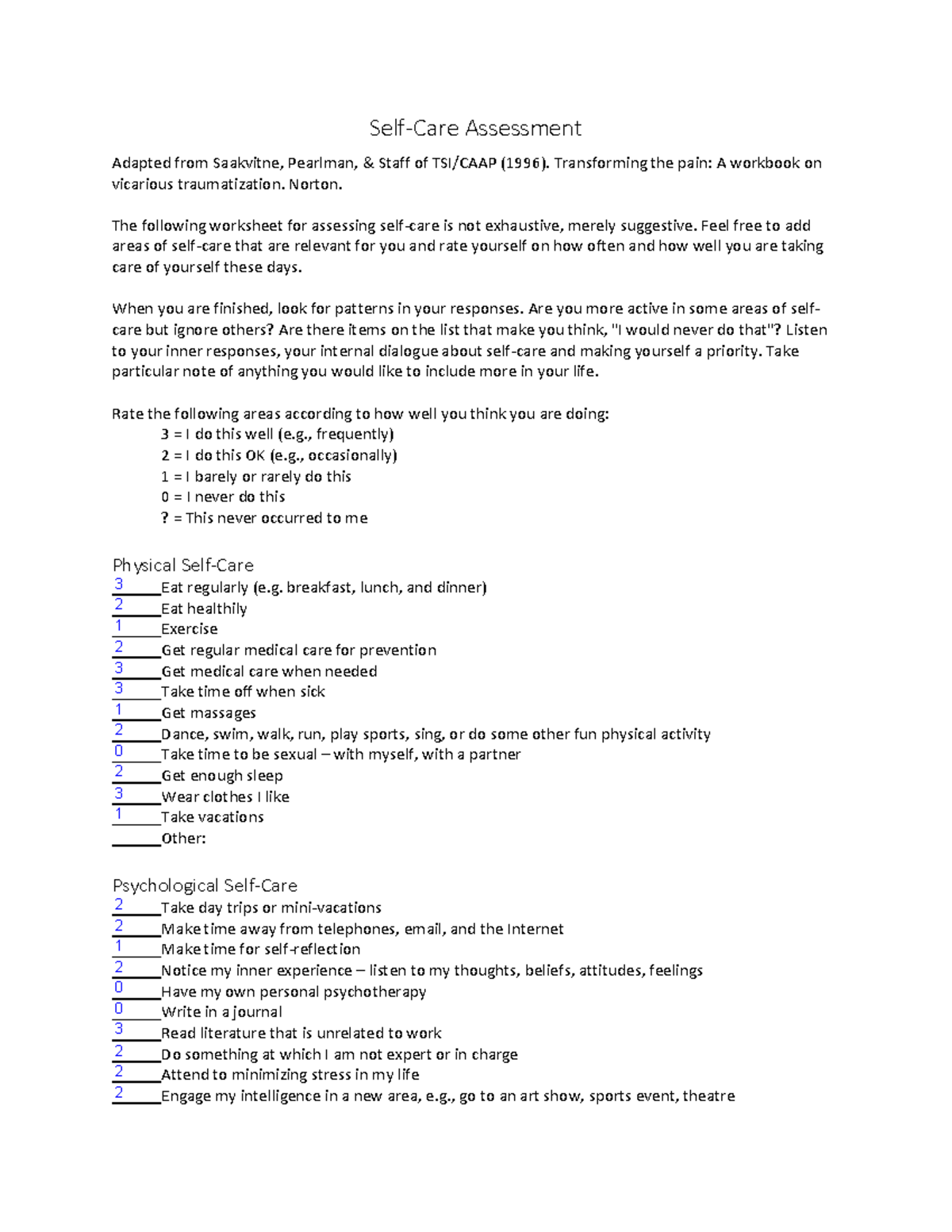 Self-care assessment worksheet - Self-Care Assessment Adapted from ...