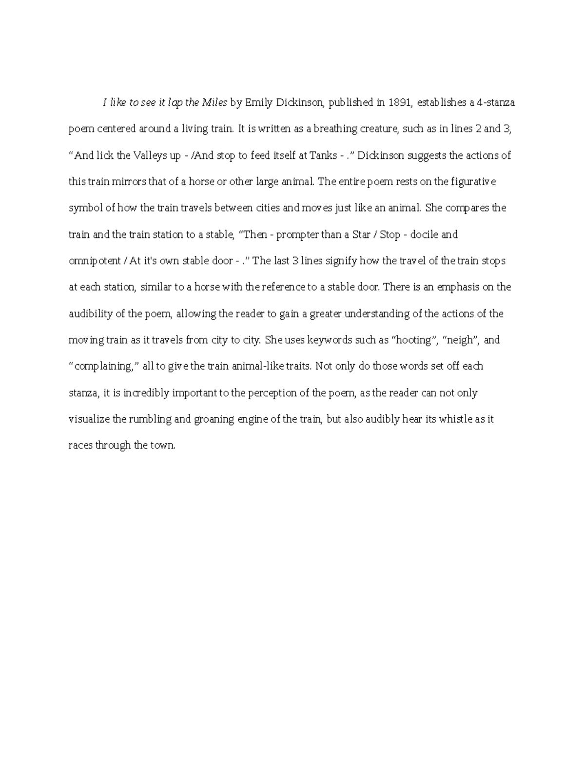 Poetic Analysis of I like to see it lap the miles by Emily Dickinson ...