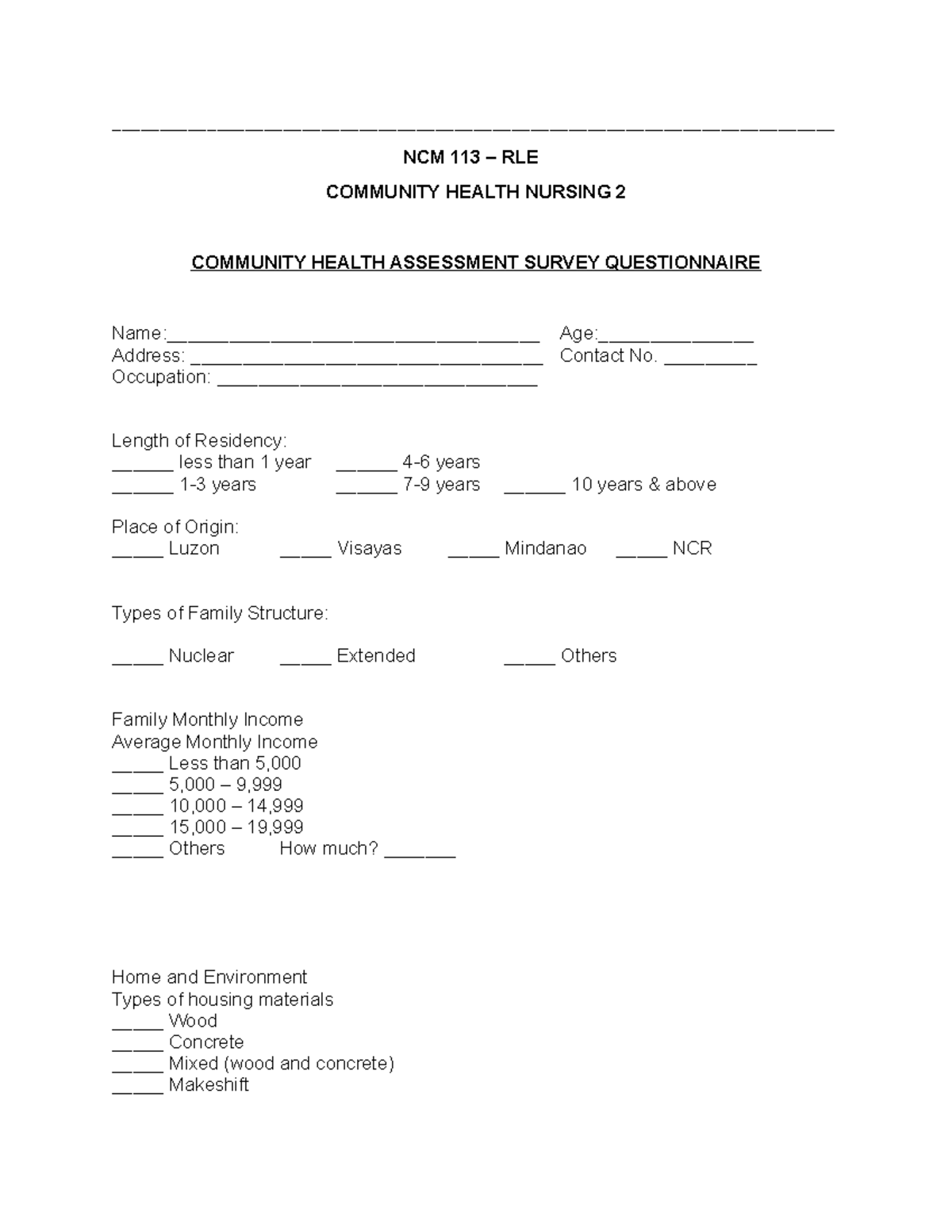 CHN-2-Survey Tool Questionnaire - - Studocu