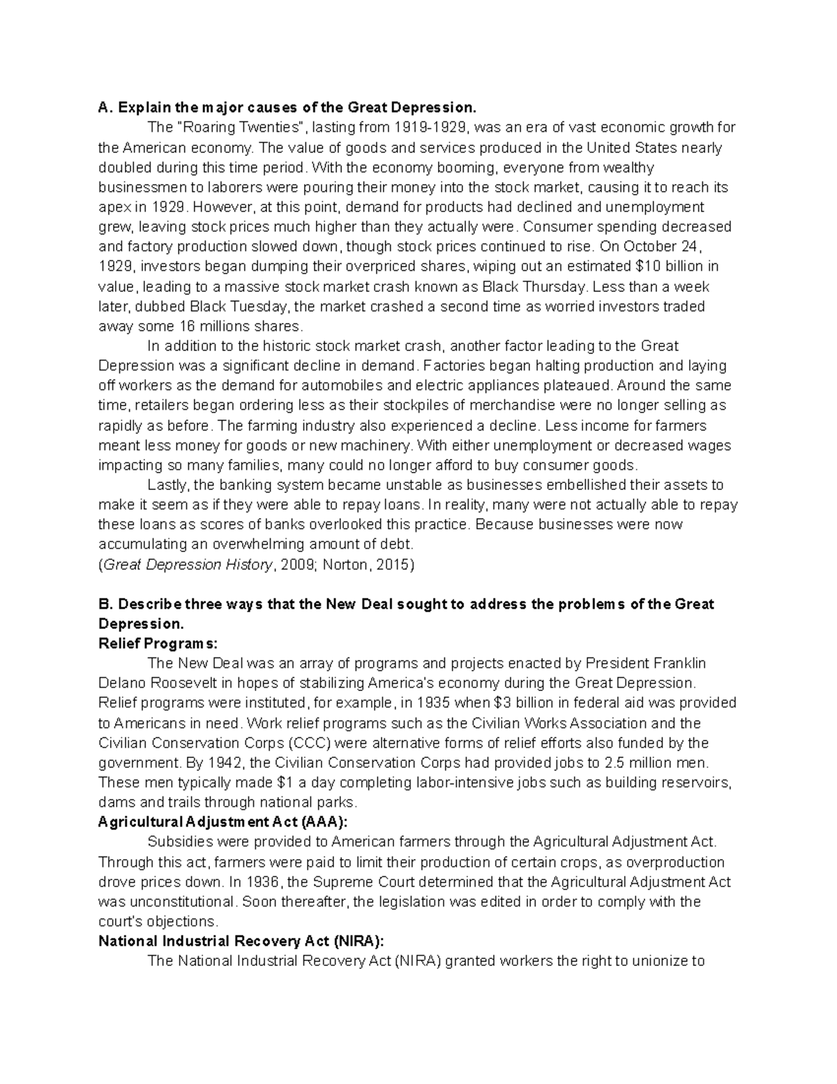 Task 4 - Passed - A. Explain the major causes of the Great Depression ...