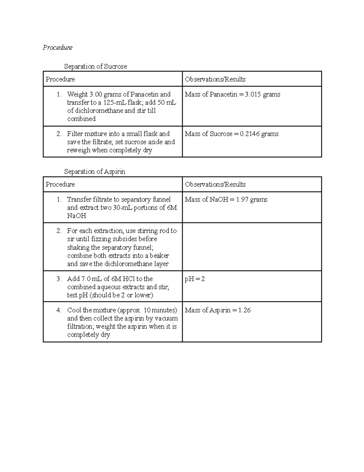 C343 Lab Report 2 and 3 - Procedure Separation of Sucrose Procedure ...