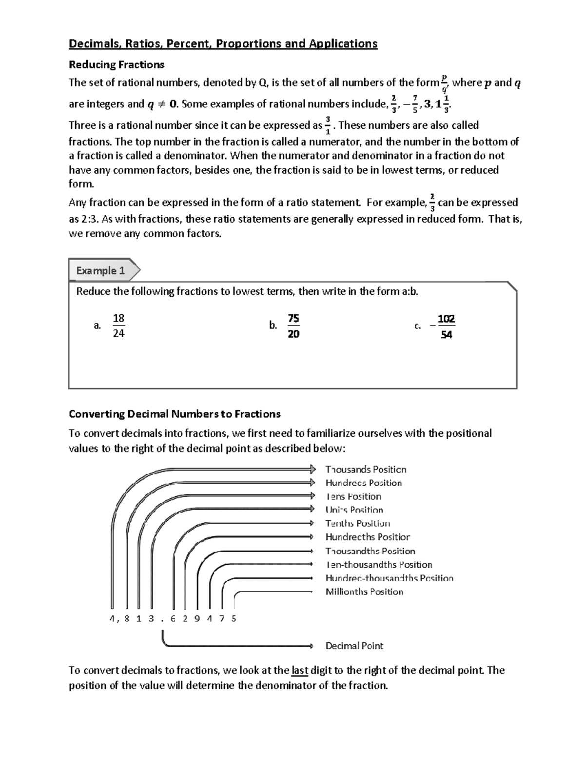 2.1 Decimals, Ratios, Percent and Proportion Lesson - Decimals, Ratios ...