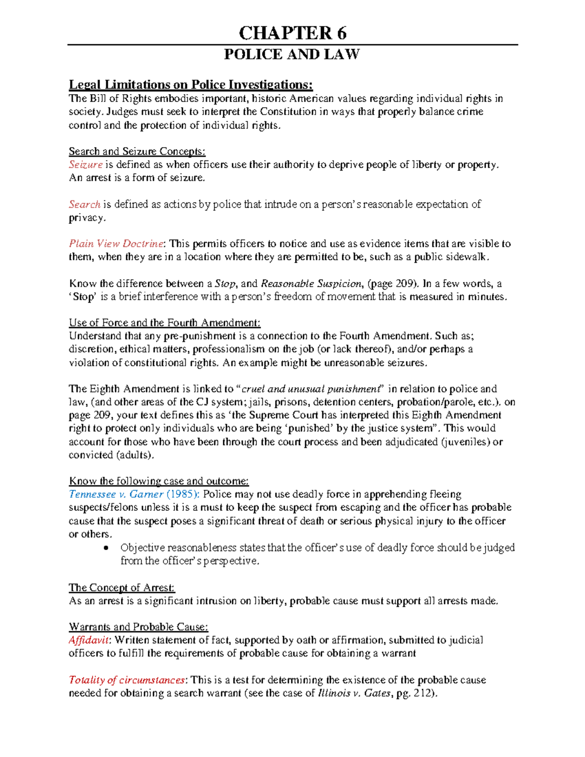 Chapter 6 Lecture Notes - CHAPTER 6 POLICE AND LAW Legal Limitations on ...